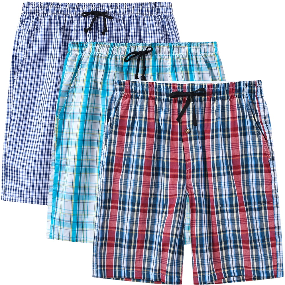 Mofiz Mens 3 Pack Woven Pajama Pants Shorts Cotton Plaid Sleep Lounge