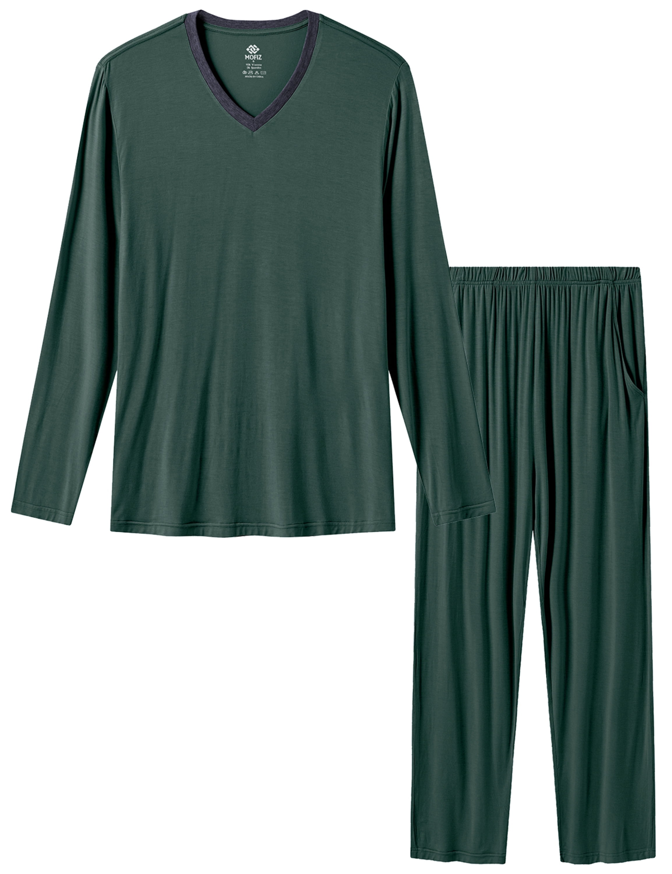 MoFiz Men's Bamboo Pajamas Set Long Sleeve V-Neck Top and Pants with ...