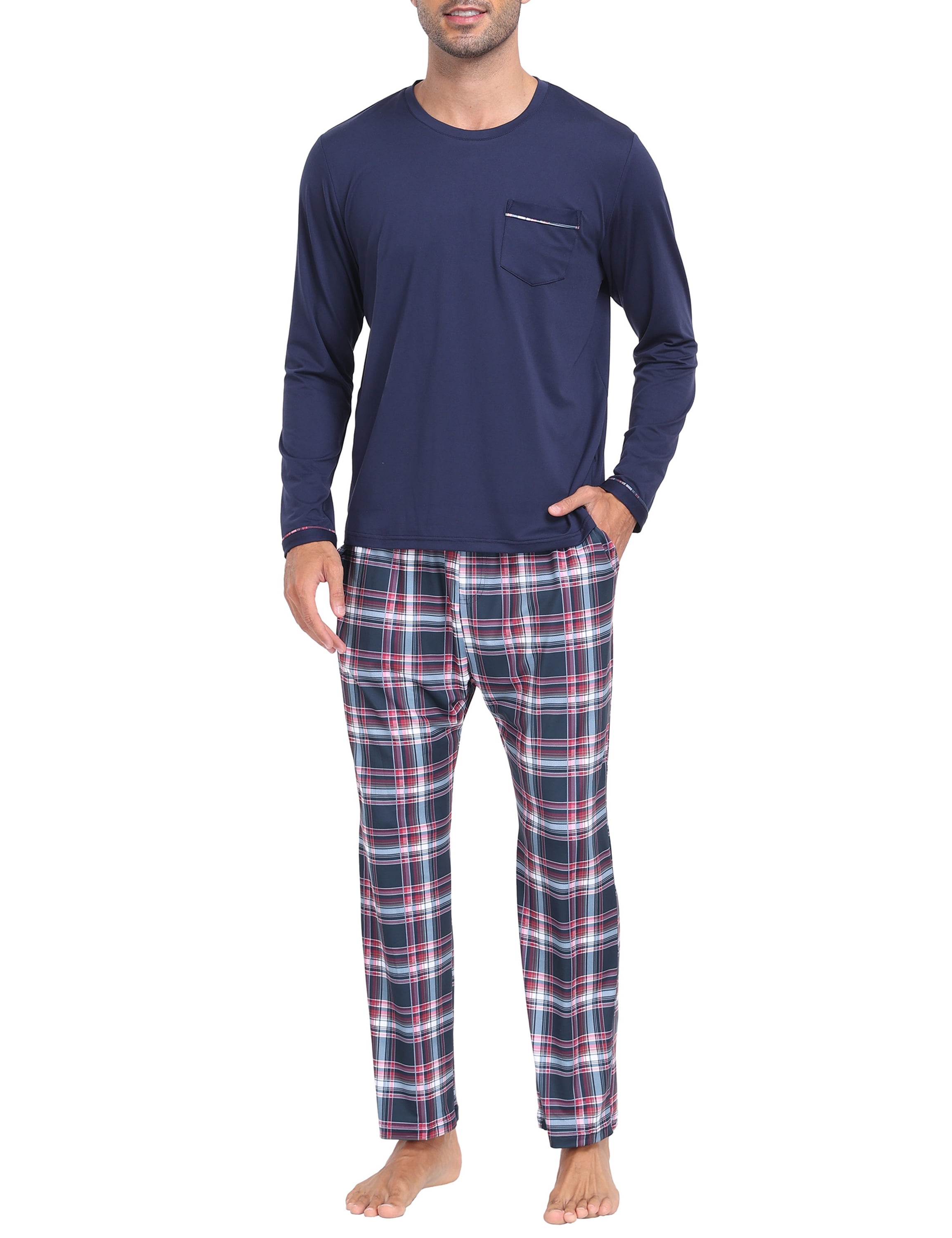 MoFiz Pjs Men's Pajama Sets Long Sleeve Top Checkered Pants Cozy ...