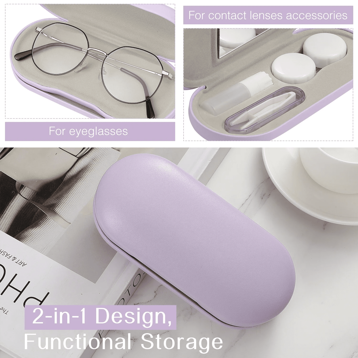 MoKo Double Eyeglass Case, 2-in-1 Hard Protective PU Leather Glasses ...