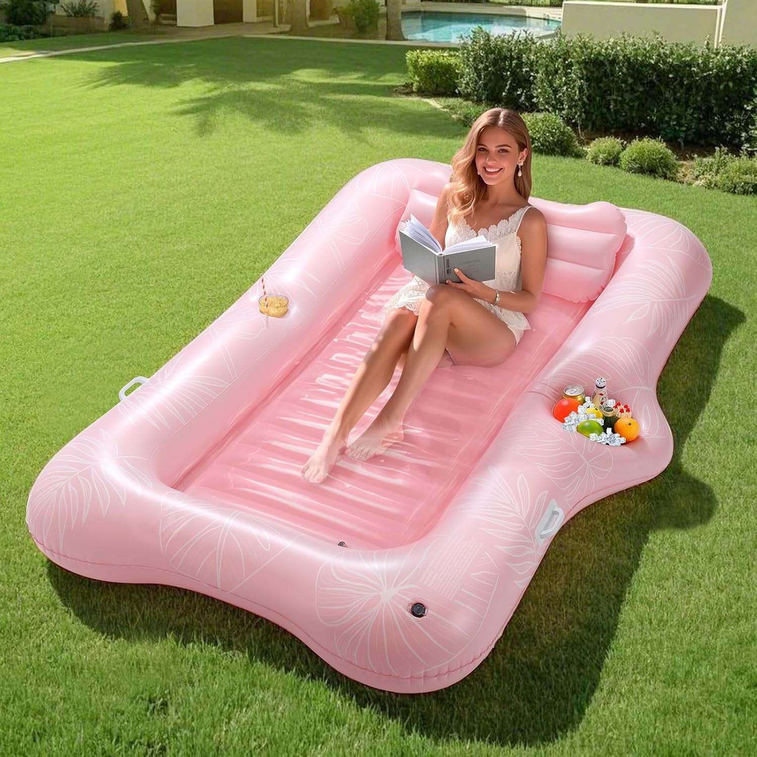 MoKo Pool Floats Adult, Large Floating Bed with Ice Bar, Tanning Bed Pool Raft Inflatable ...