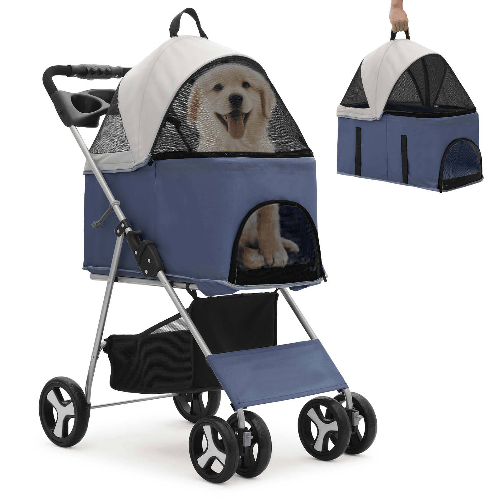 MoNiBloom 4 Wheel Foldable Dog Pet Stroller with Cup Holder, Navy Blue ...