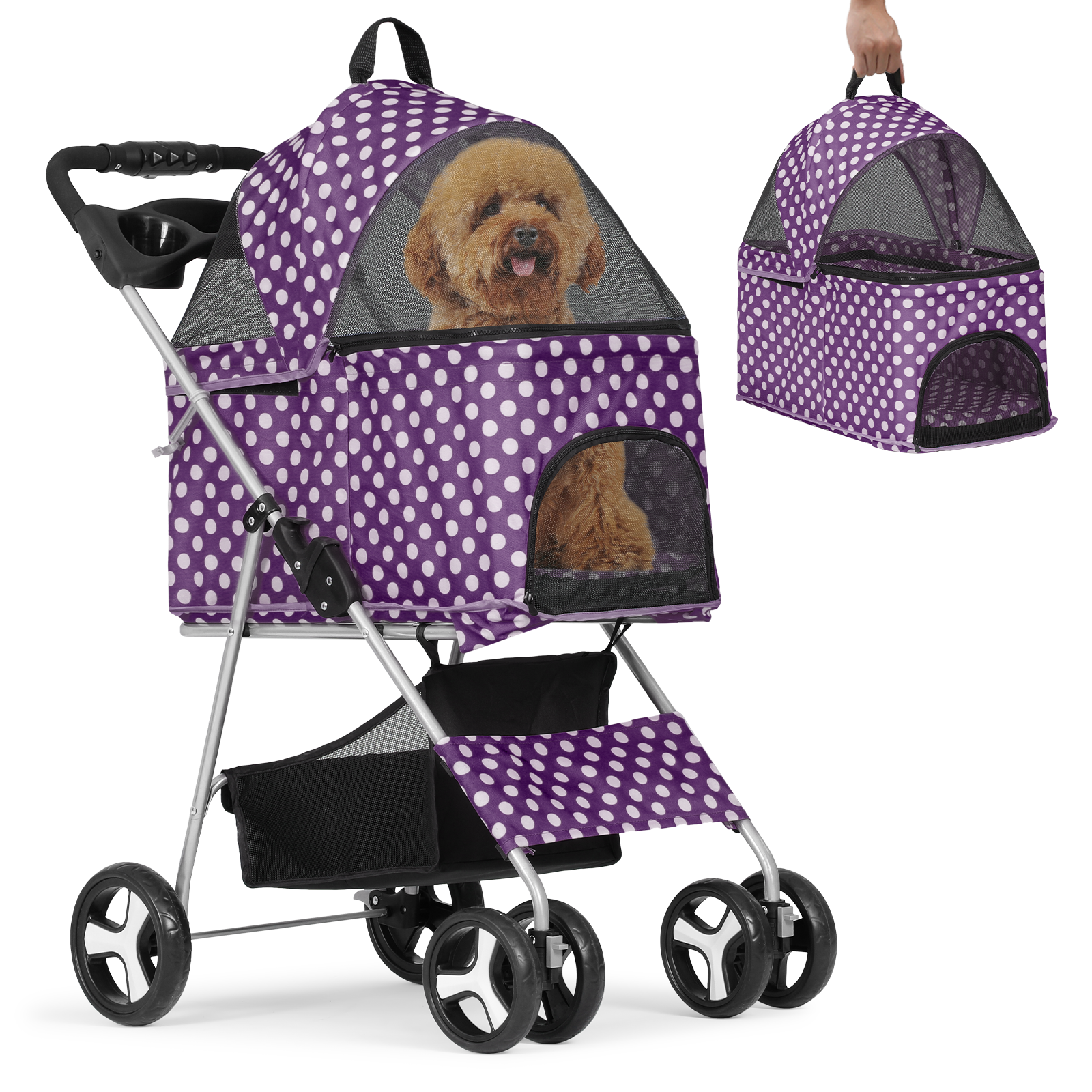 MoNiBloom 4 Wheel Foldable Dog Pet Stroller with Cup Holder, Purple ...
