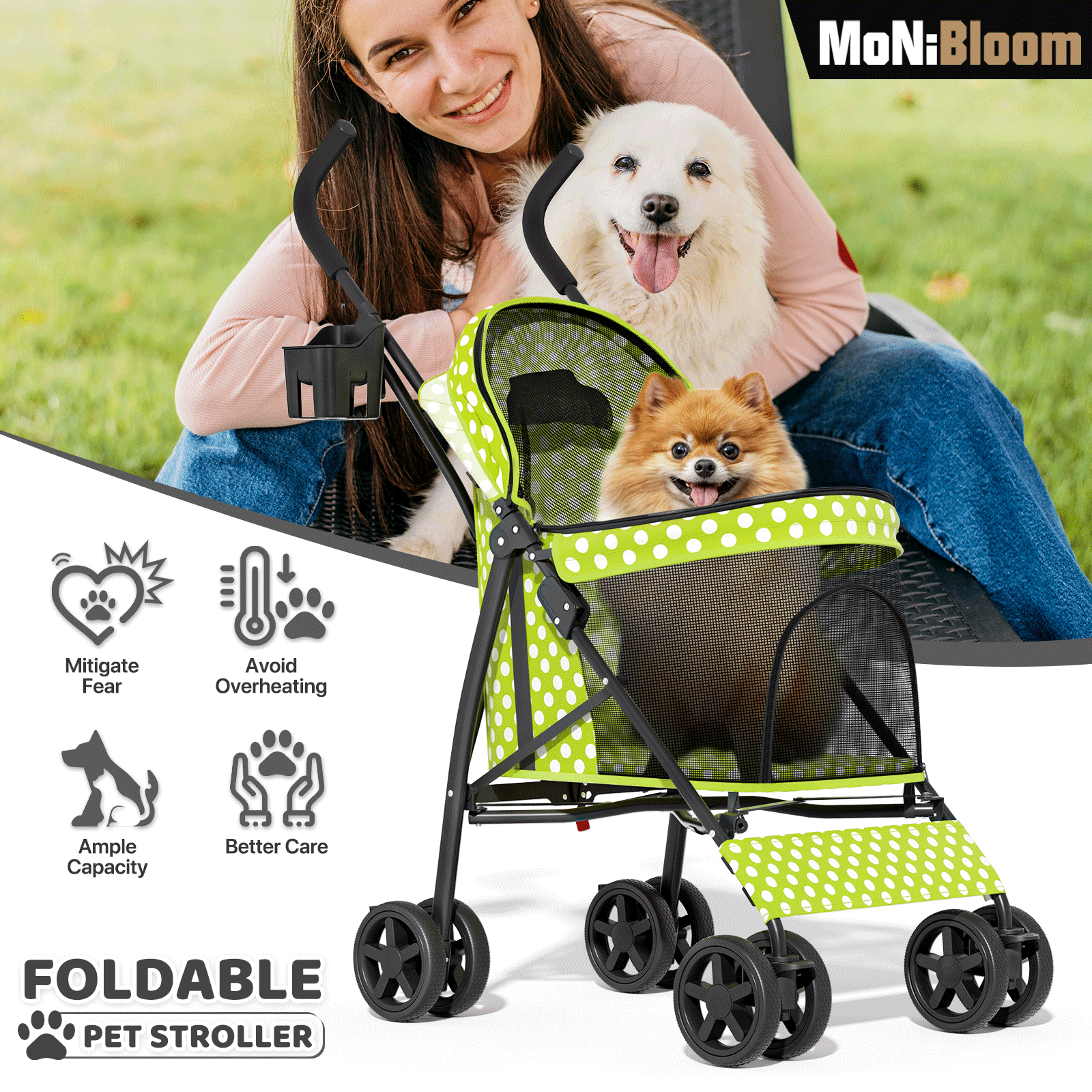 MoNiBloom 4 Wheel Foldable Lightweight Pet Trolley for Cats & Dogs ...