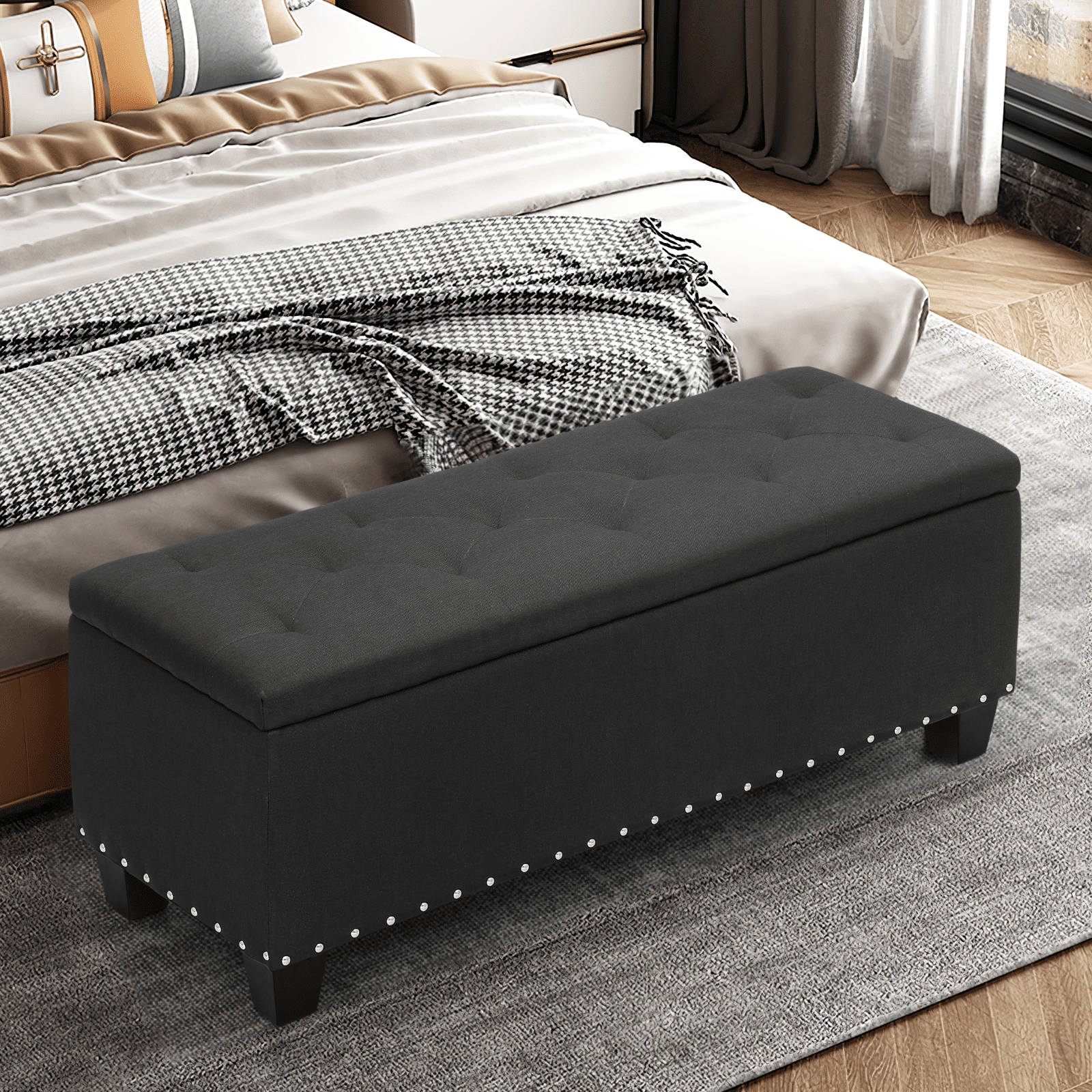 MoNiBloom Sturdy Seating 42 Flip Top Storage Ottoman Microfiber Upholstery Footstool Black Walmart