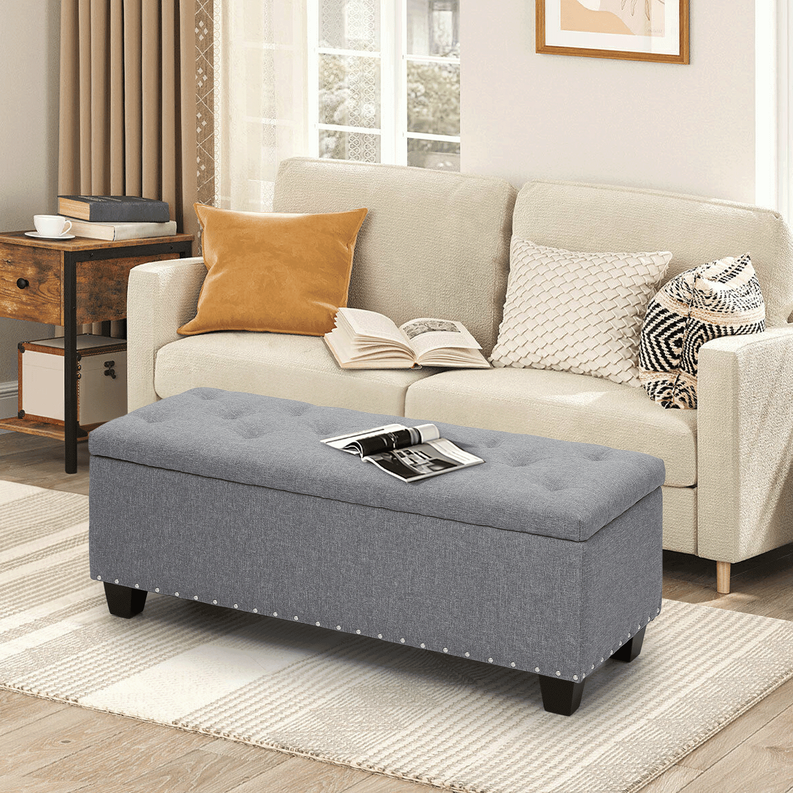 MoNiBloom 42" Microfiber Rectangle Storage Ottoman, Upholstered Tufted ...