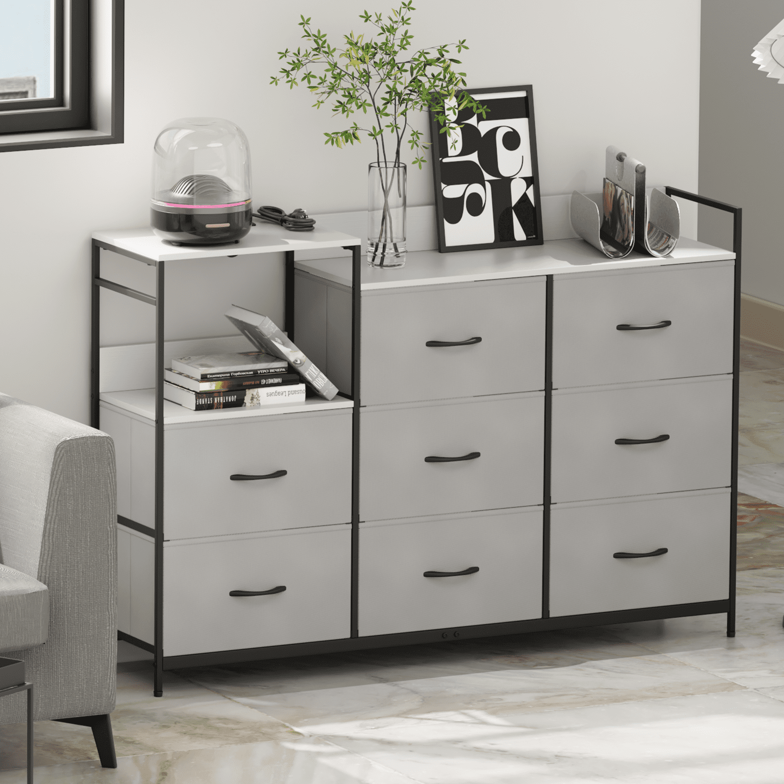 MoNiBloom 8 Drawers Dresser with USB Ports & Outlets, Fabric Drawers ...