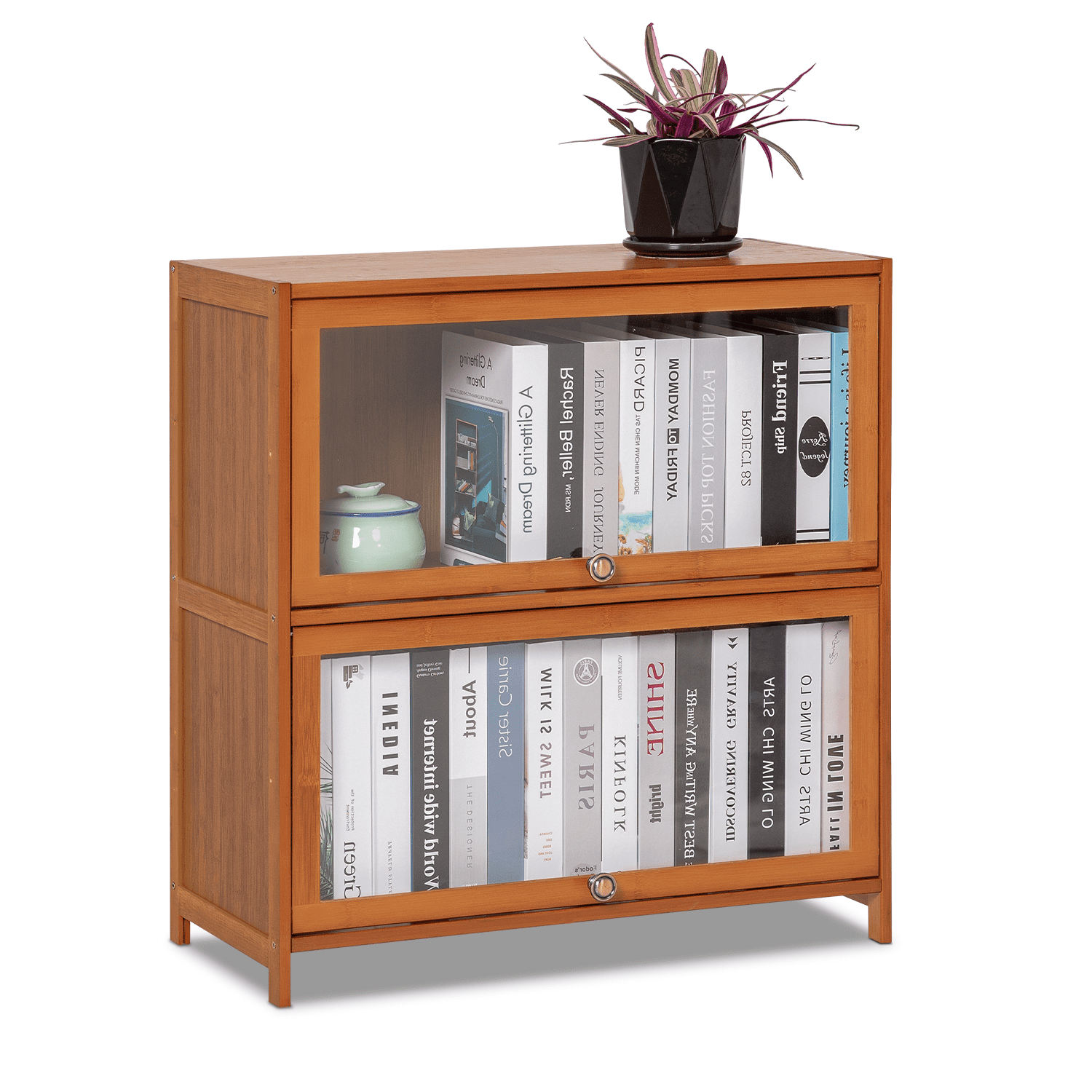 MoNiBloom Bamboo 2 Tiers Bookcase with Acrylic Doors, Book Shelf ...