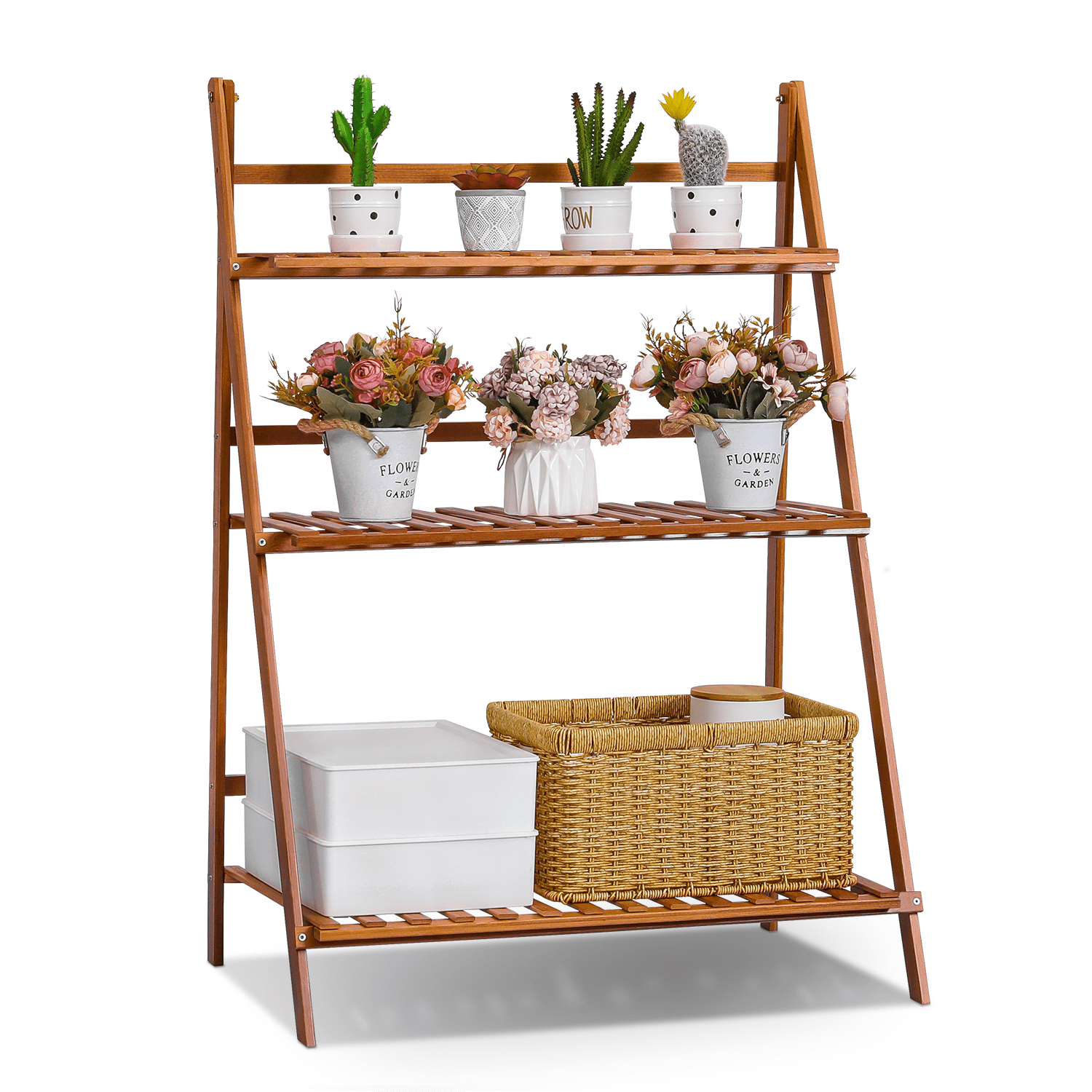 MoNiBloom 3-Tier Bamboo Foldable Plant Stand, Indoor/Outdoor Display ...