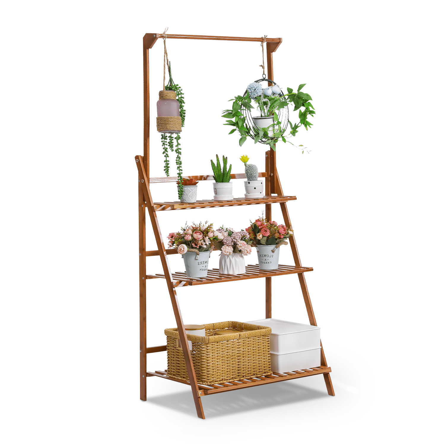 MoNiBloom Bamboo 3 Tiers Modern Plant Stand, Adjustable Hanging Rod ...