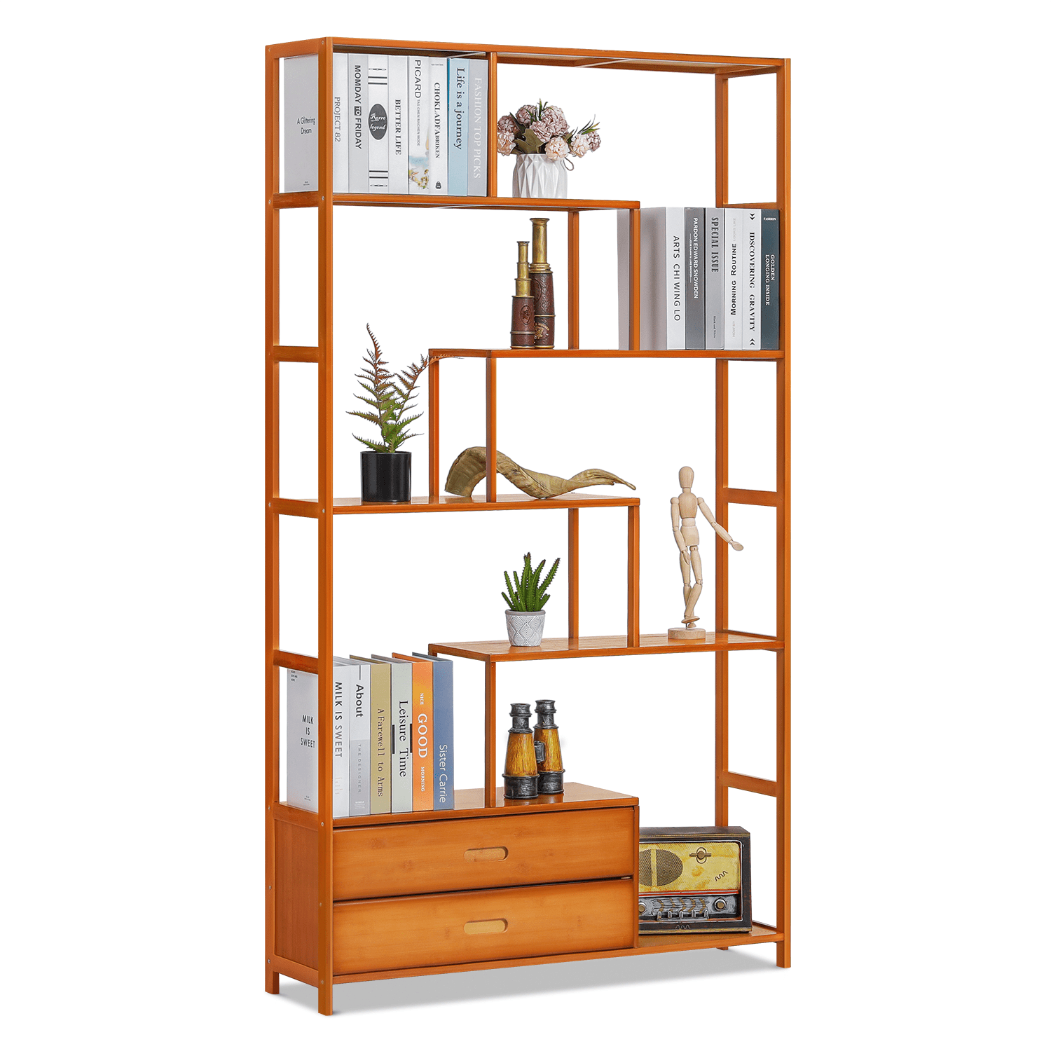 MoNiBloom Bamboo 7 Tiers 2 Drawers Bookshelf, Books Display Storage ...