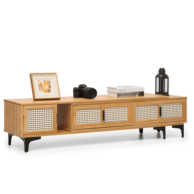 MoNiBloom Bamboo TV Stand with Storage Cabinet, 54" to 82.5" Extendable ...