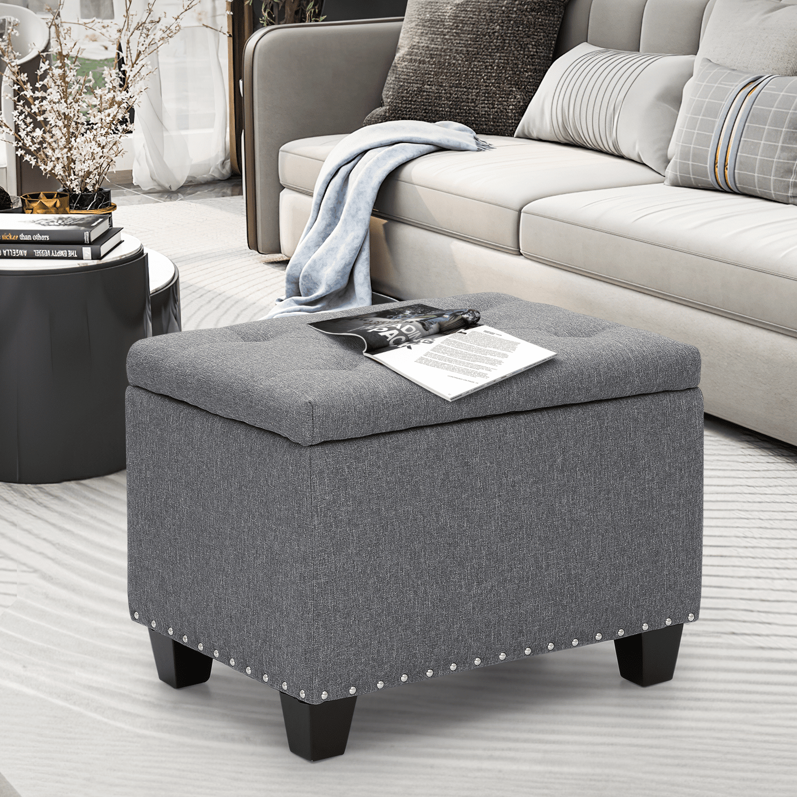 MoNiBloom Flip Top Ottoman Button Tufted Storage Footrest Microfiber Upholstery Space Saving Black Stool Walmart