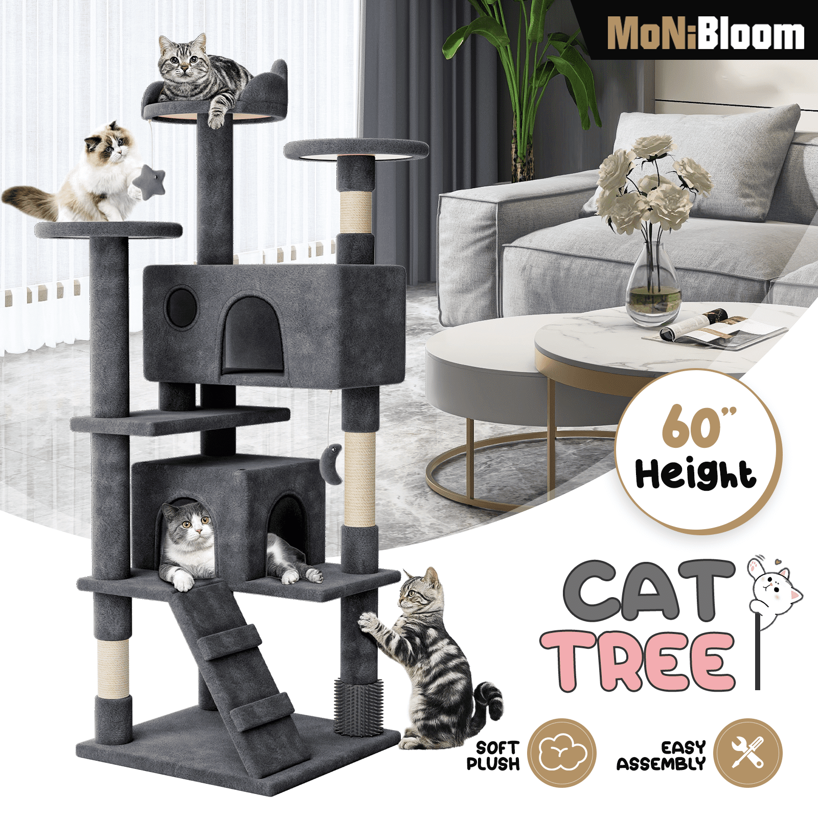 MoNiBloom Cat Tree, 60 Inch Cat Tree Tower with 2 Condo, Tall Cat Tower ...