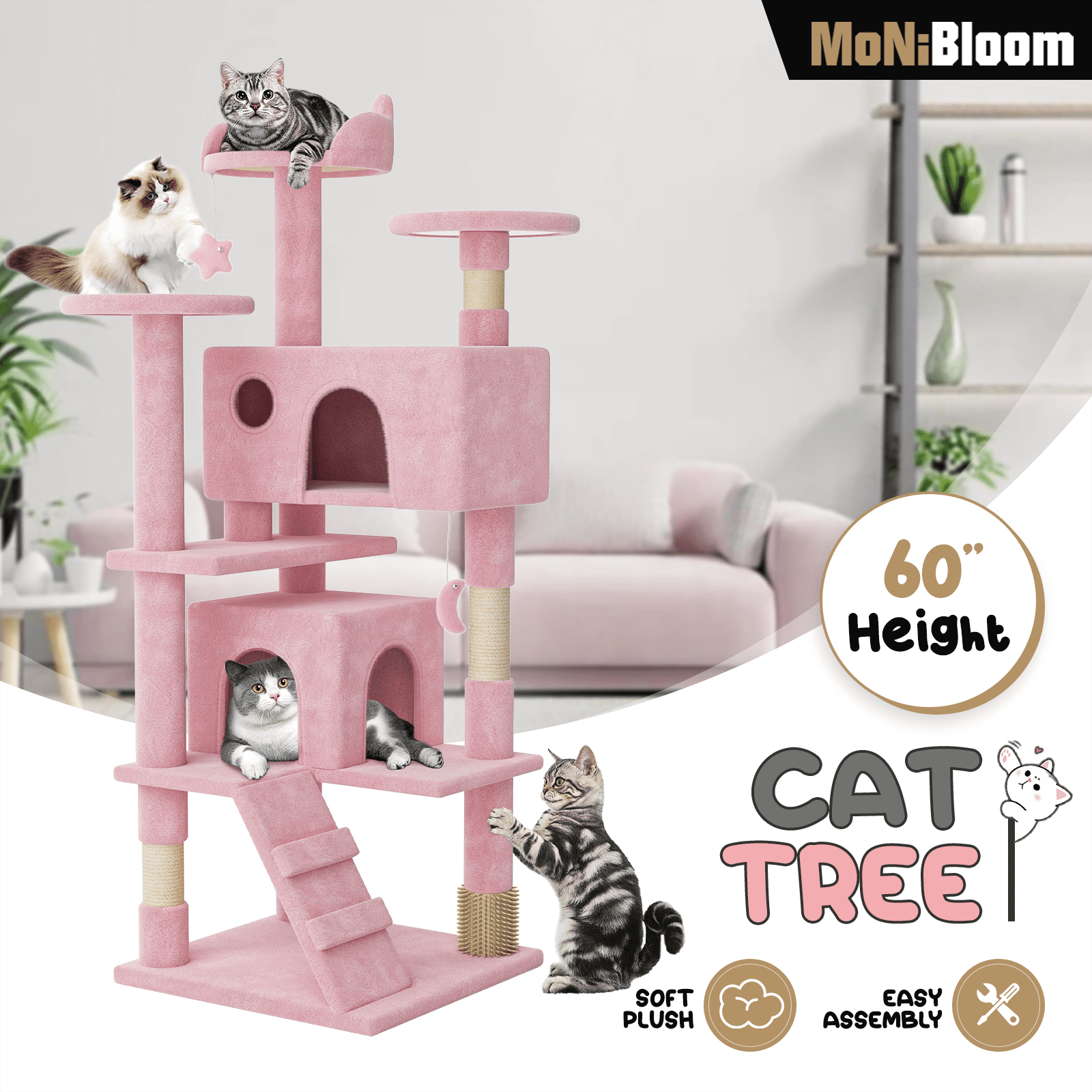 MoNiBloom Cat Tree, 60 Inch Cat Tree Tower with 2 Condo, Tall Cat Tower ...