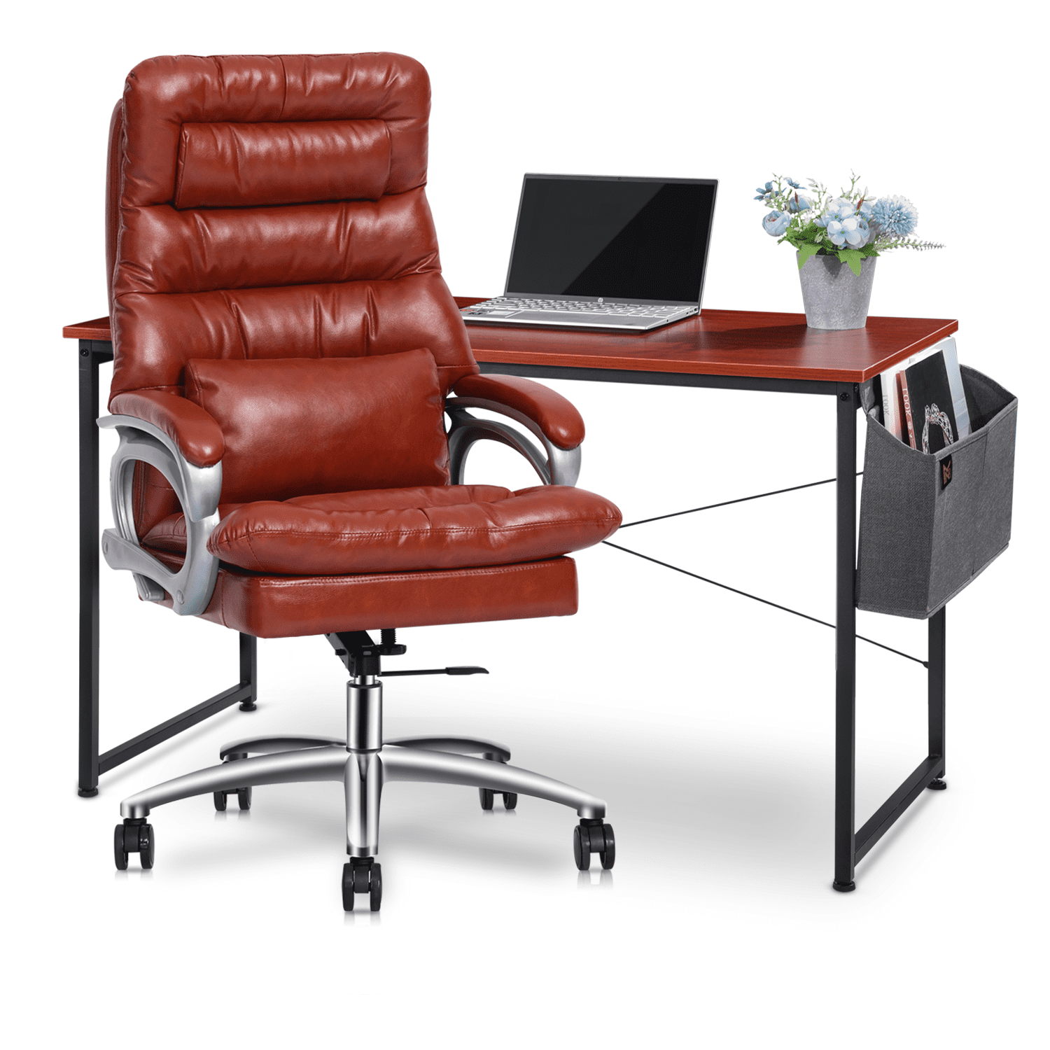 MoNiBloom Computer Desk & Chair Set, Rolling High Back Leather Chair ...