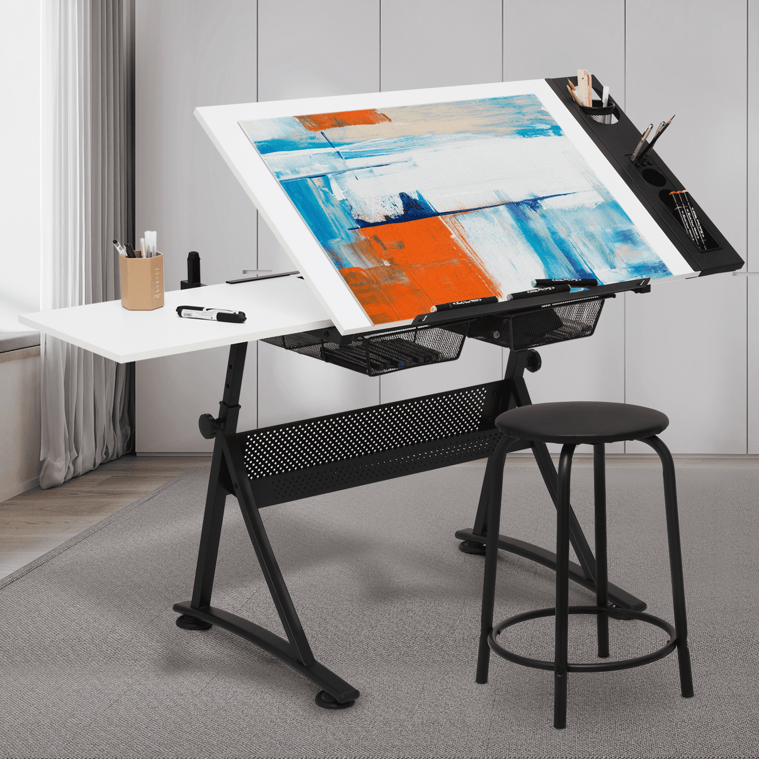 MoNiBloom Draft Desk Drawing Table with Stool Set, Height Adjustable ...