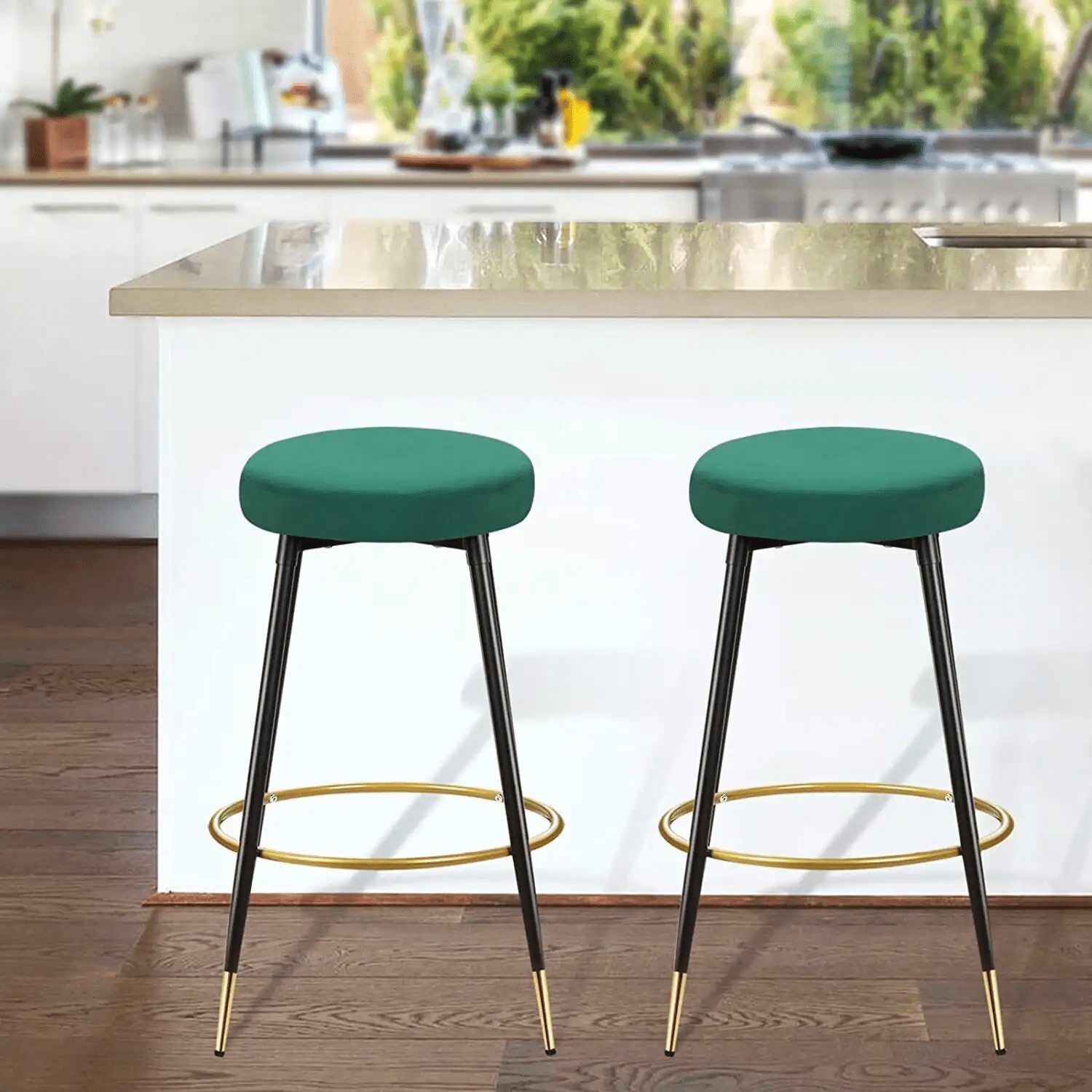 MoNiBloom Elegant Modern Round Bar Stool Set of 2 Velvet Upholstered ...