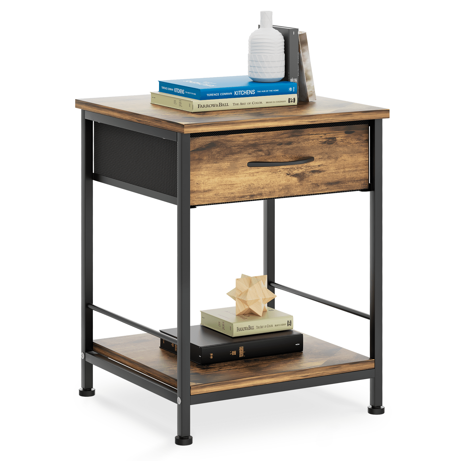 MoNiBloom Minimalist Wood Storage End Table with Drawer & Shelf, Rustic ...