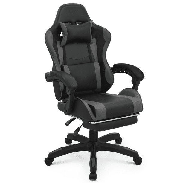MoNiBloom Ergonomic Gaming Chair with Footrest Recliner Faux Leather PC Racing Computer Desk Seat 360 Swivel Headrest Pillow Grey