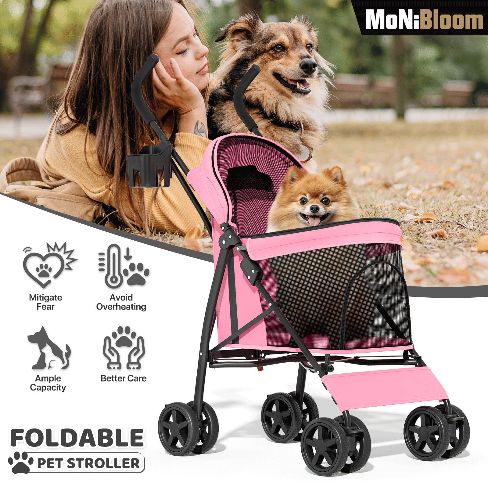 MoNiBloom Foldable Lightweight Dog Stroller for Small Medium Dogs, Pet ...