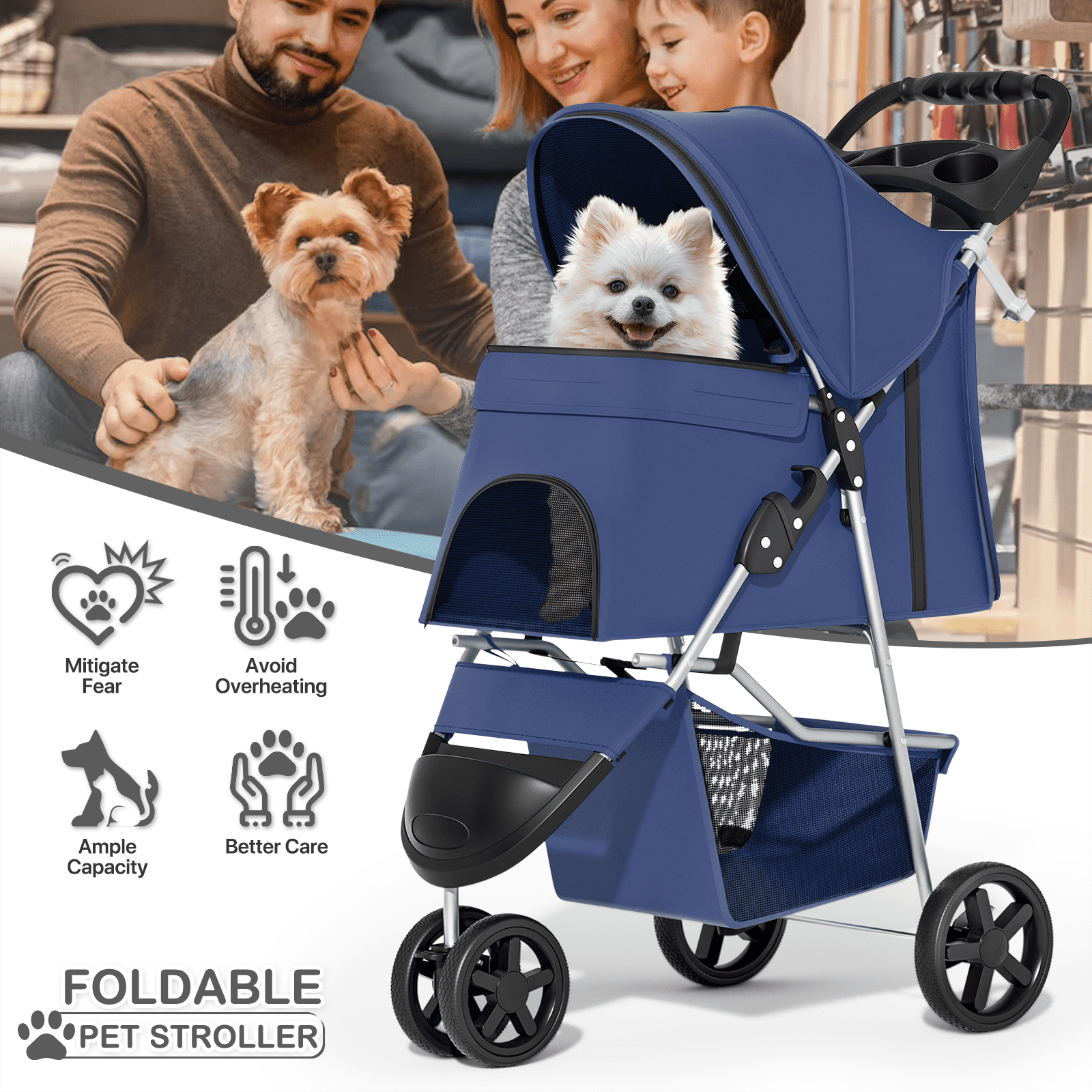 MoNiBloom Foldable Pet Stroller with Storage, Cup Holder, Navy Blue for ...