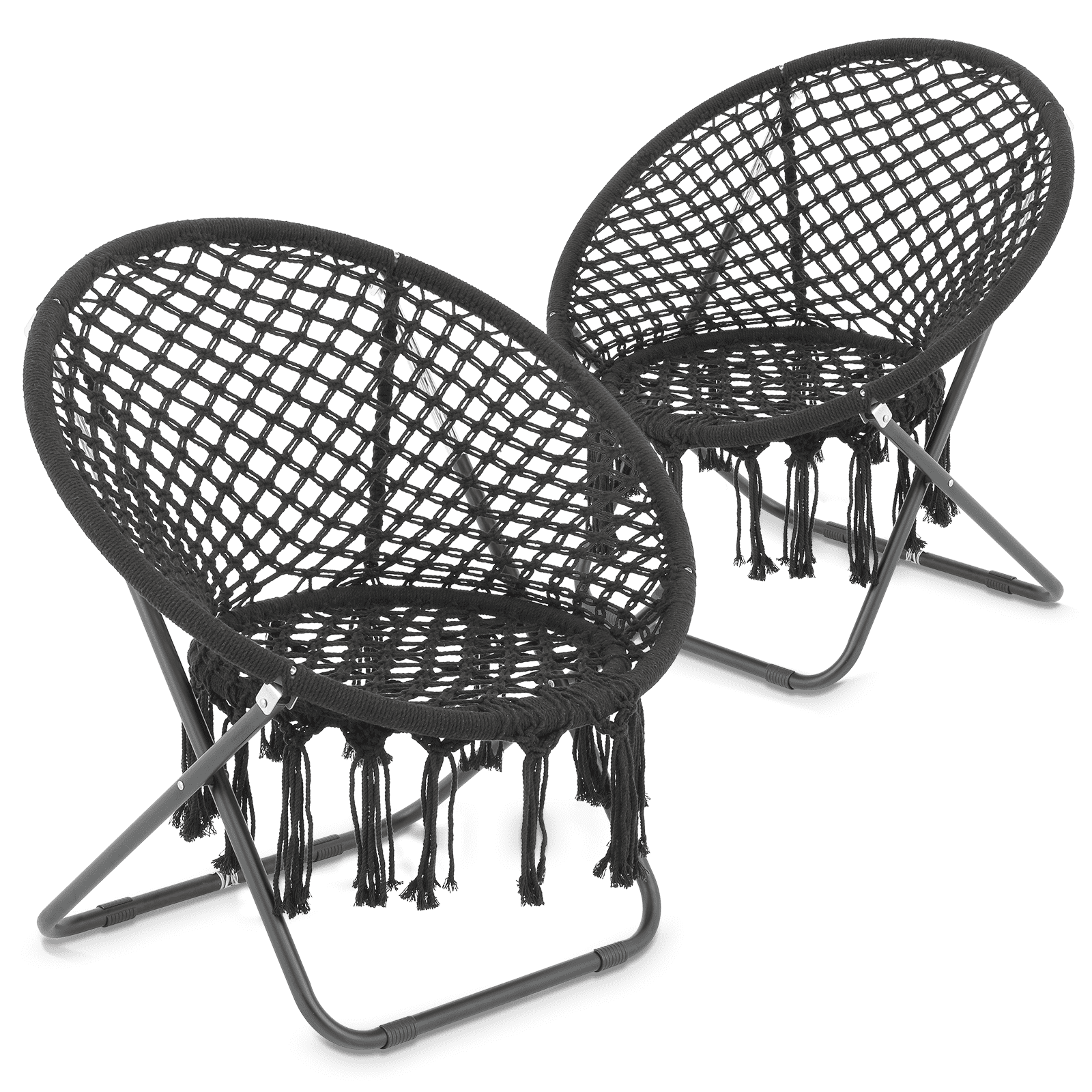 MoNiBloom Folding Boho Saucer Chair Set of 2 Round Cozy Moon Chair with Metal Frame for Indoor Outdoor Living Room Bedroom Black