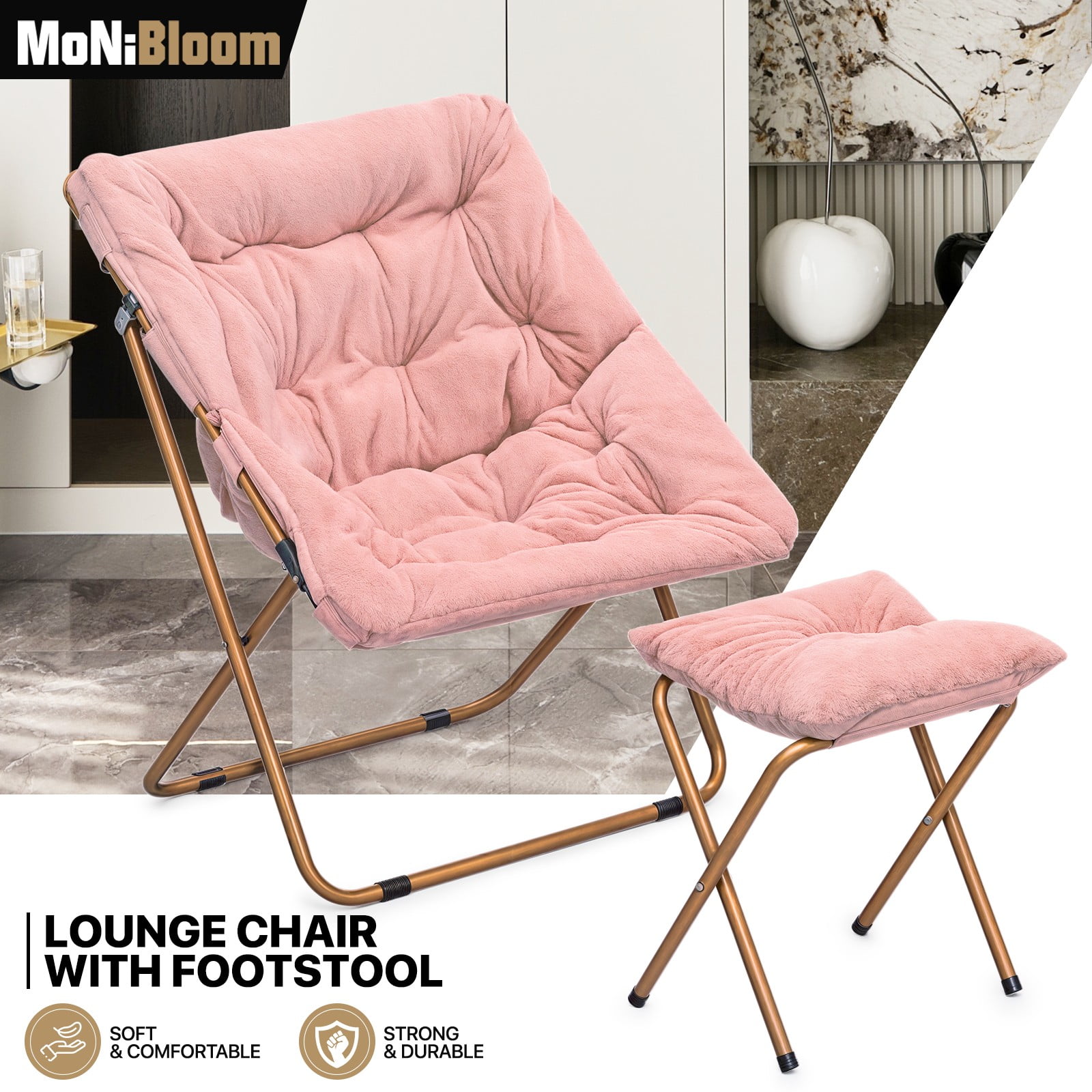 MoNiBloom Folding Saucer Chair with Ottoman, Faux Fur Moon Chair and ...