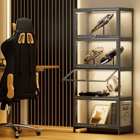 Glass Display Cabinet 4 Shelves with Door, Floor Standing Curio ...