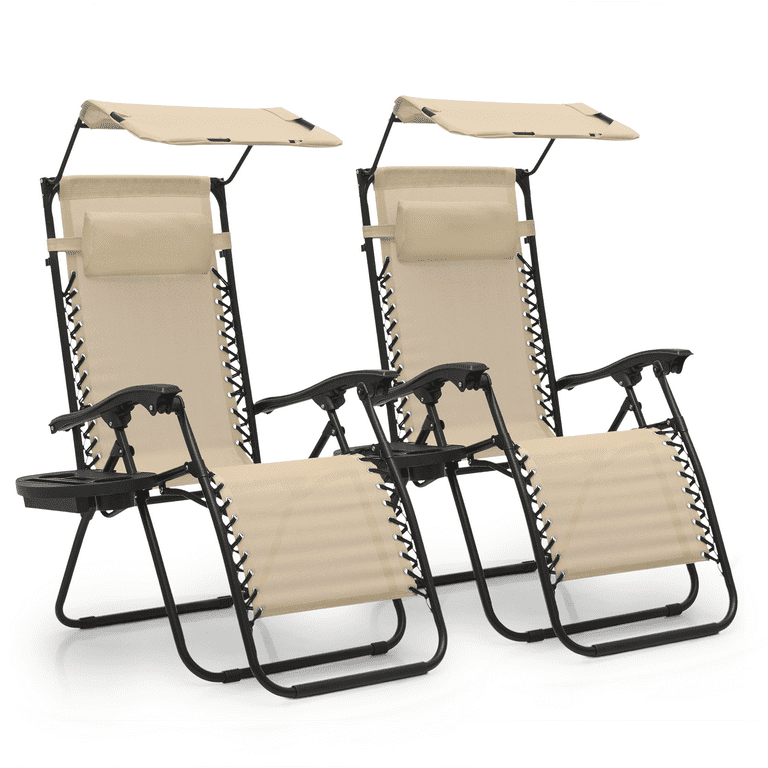 MoNiBloom Patio Zero Gravity Chair Set for 2 Recliner Lounger with Canopy Shade and Foot Rest Utility Cup Holder Cream