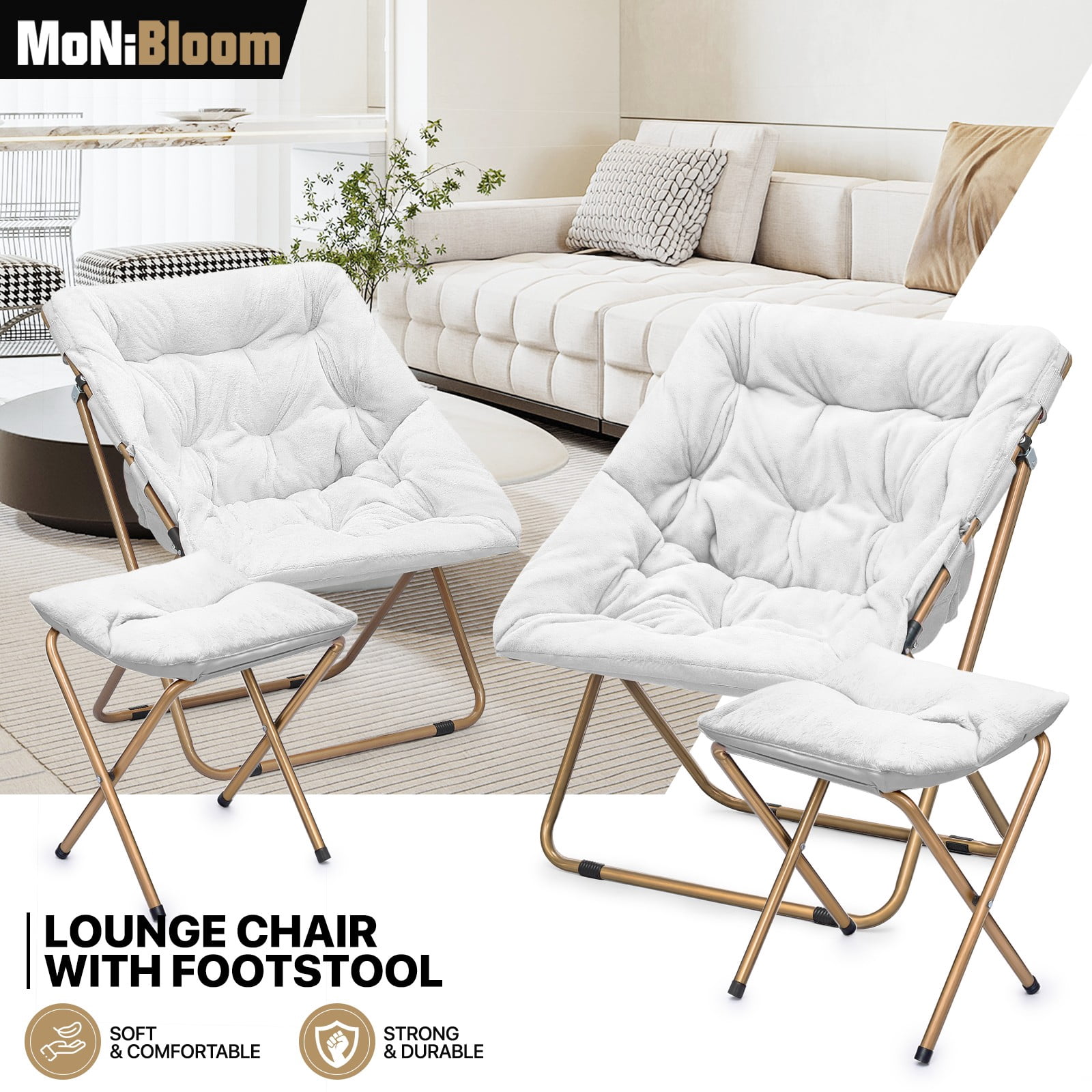 MoNiBloom Set of 2 Saucer Chair and Folding Footrest Stool Set, Soft ...
