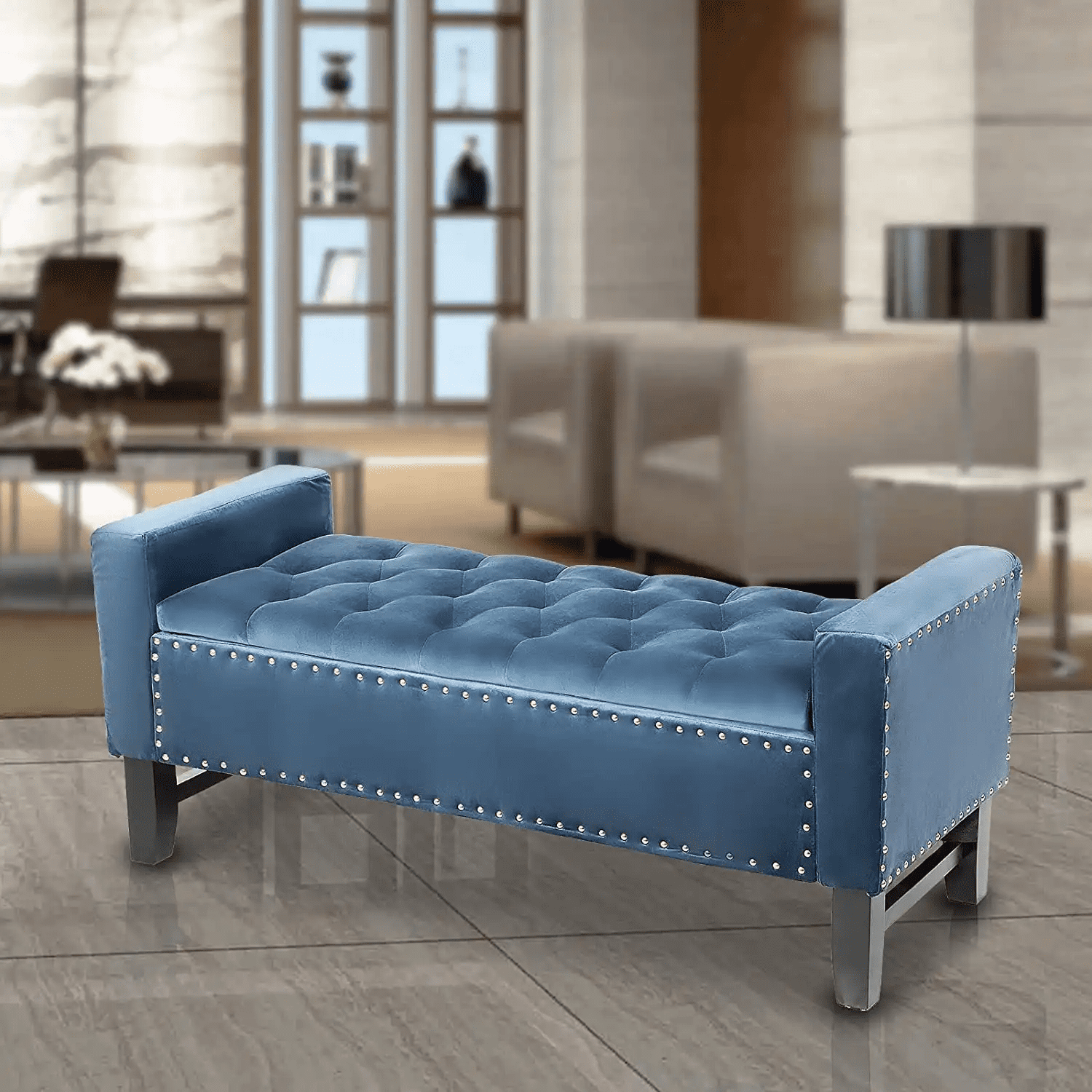 MoNiBloom Navy Blue Velvet Tufted Storage Bench, Wooden Legs, Padded ...