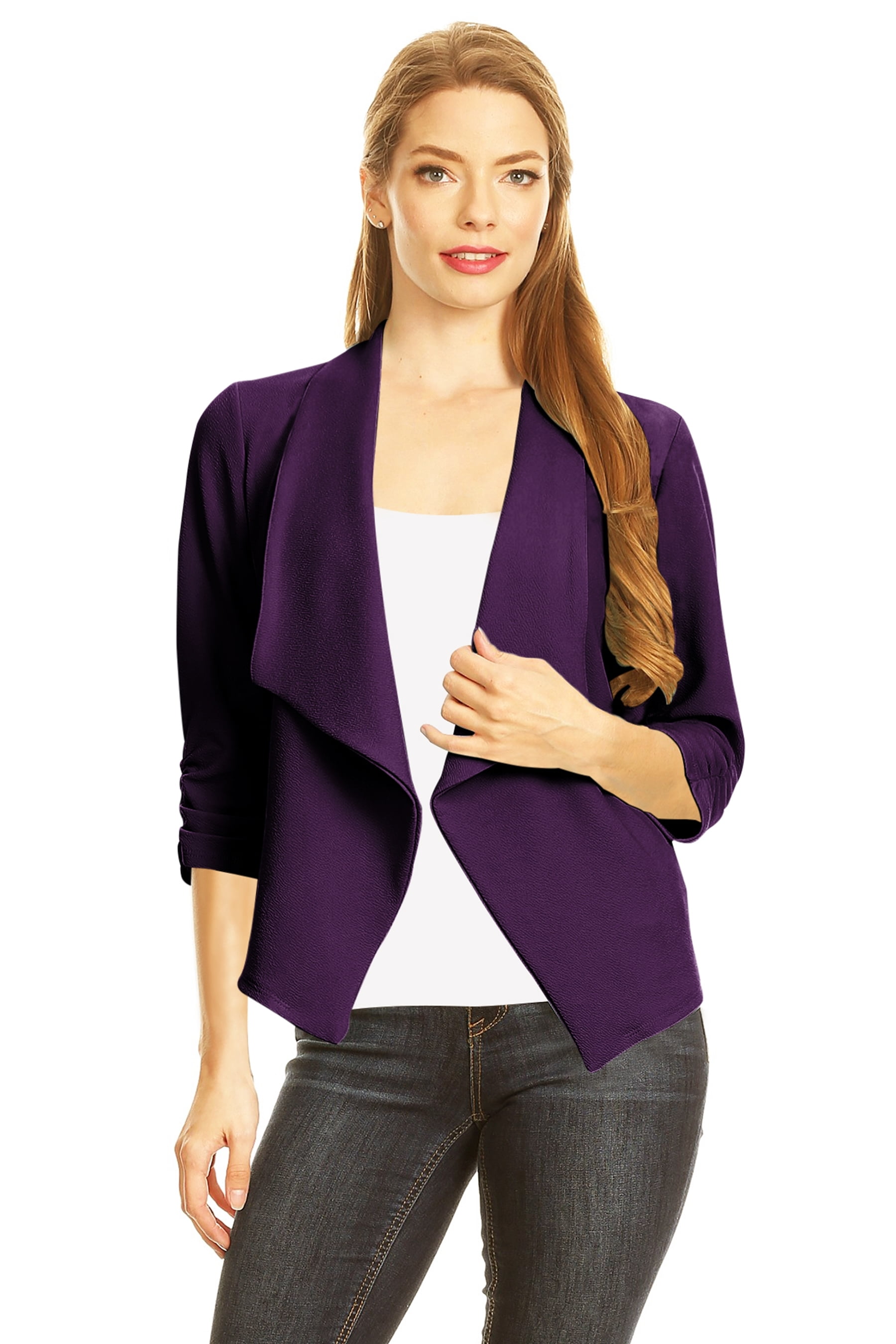 Women's Fitted Waist Length Jacket Open Front Draped Neck Ruched ...