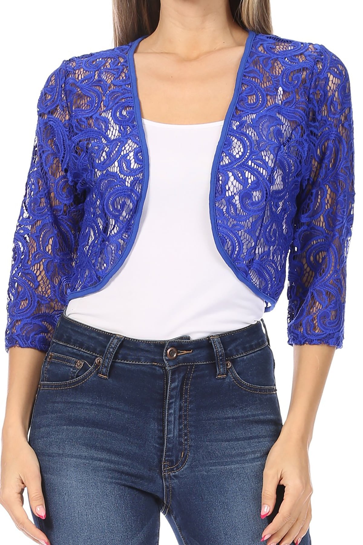 Moa Collection Women's Lace Crochet Bolero Open Cardigan with Sheer 3/4 ...