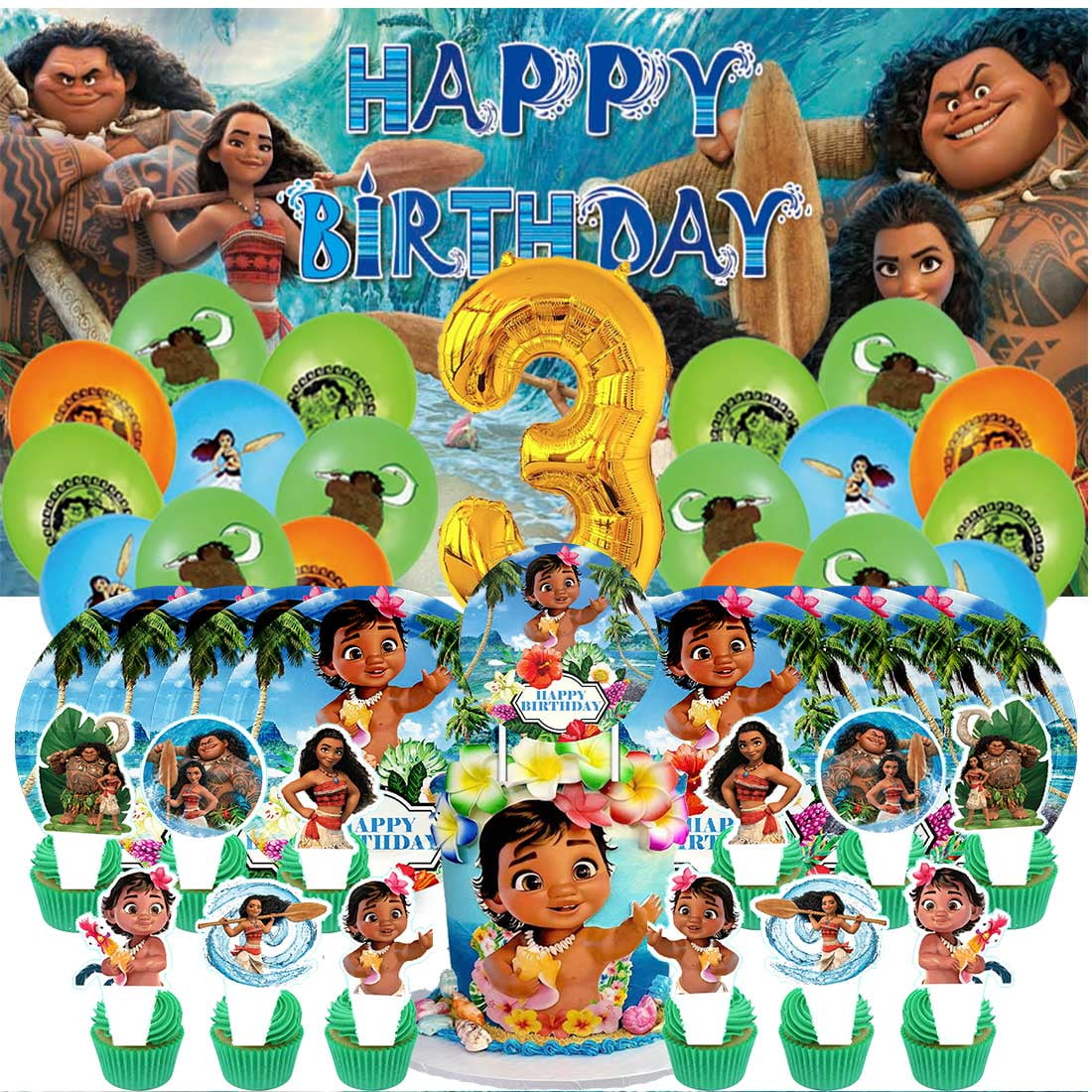 Moana Balloons Party Supplies 3rd Decor Tableware Birthday Cake Topper ...