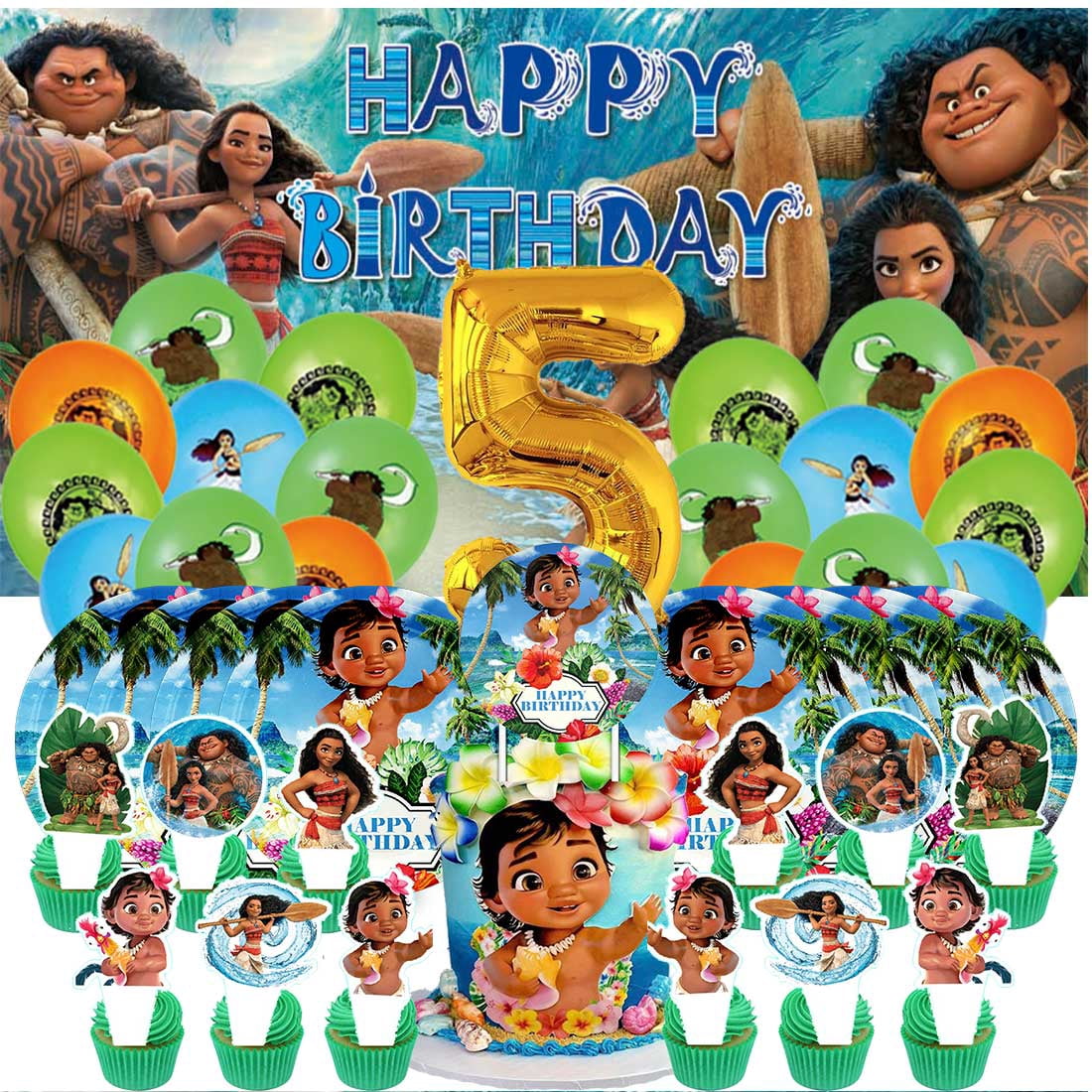 Moana Balloons Party Supplies 5th Decor Tableware Birthday Cake Topper ...