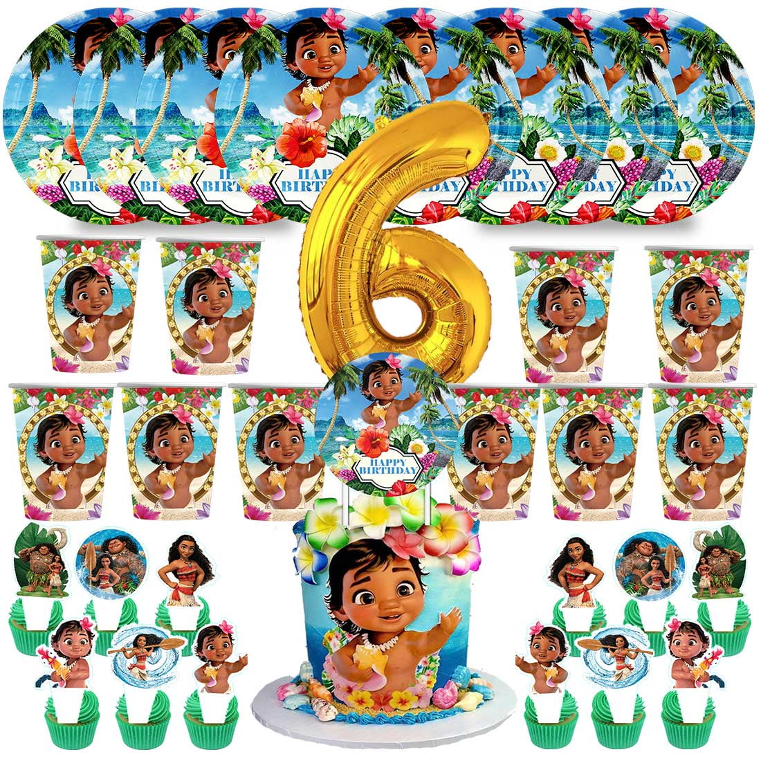 Moana Birthday 6th Cups Party Supplies Plates Fans Decorations Cake ...