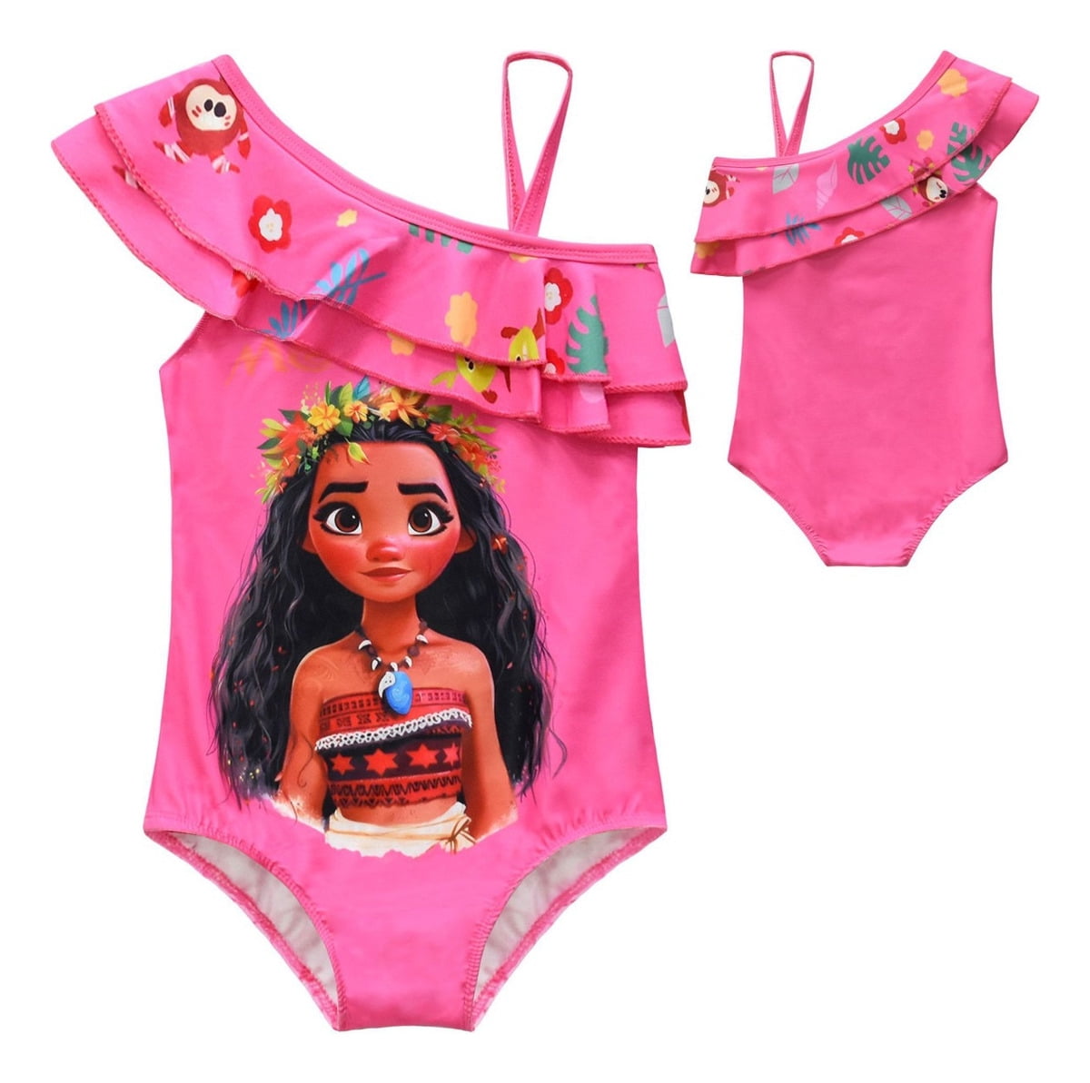 Moana Girls One Shoulder Swimsuit Rose Ruffle Bathing Suit Tropical ...
