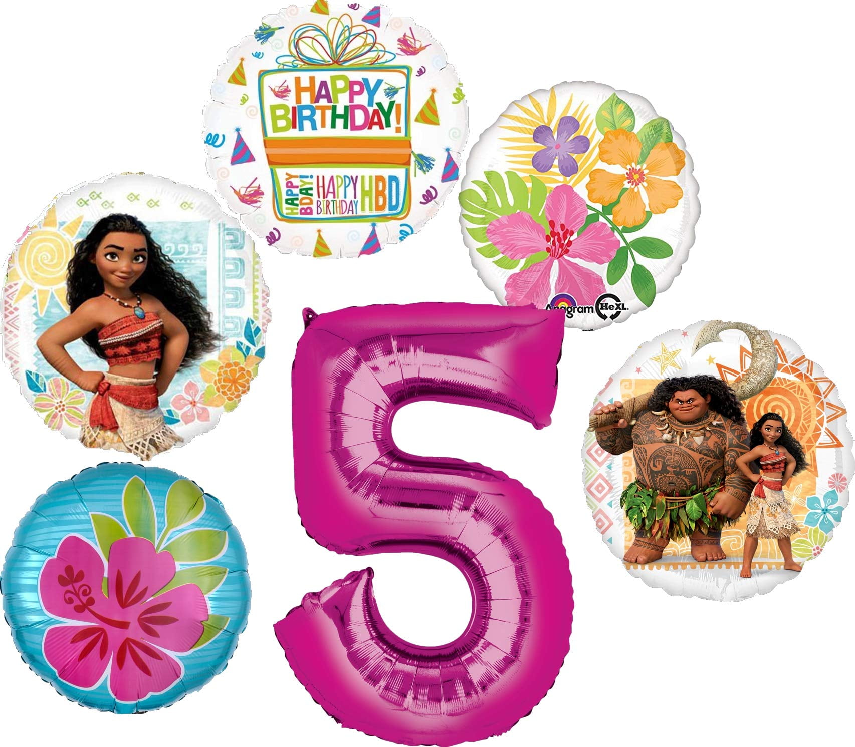 Moana Party Supplies 5th Birthday Balloon Bouquet Decorations - Pink ...