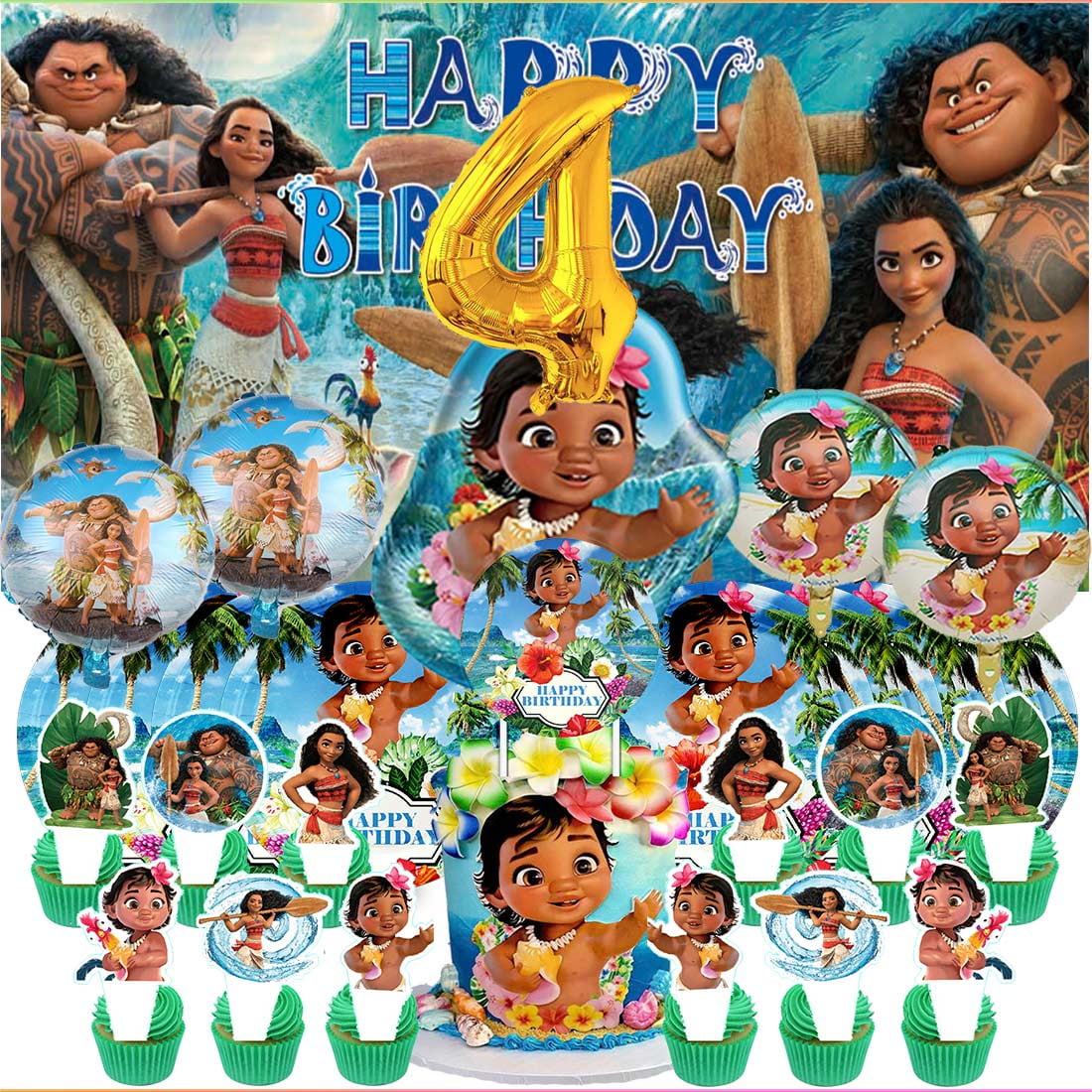 Moana Princess 4th Tableware Balloons Cake Toppers Backdrop Banner ...