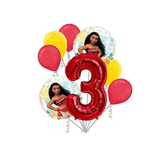 Moana Round Balloon Bouquet 8 pc, 3rd Birthday, Red Number 3 Jumbo ...