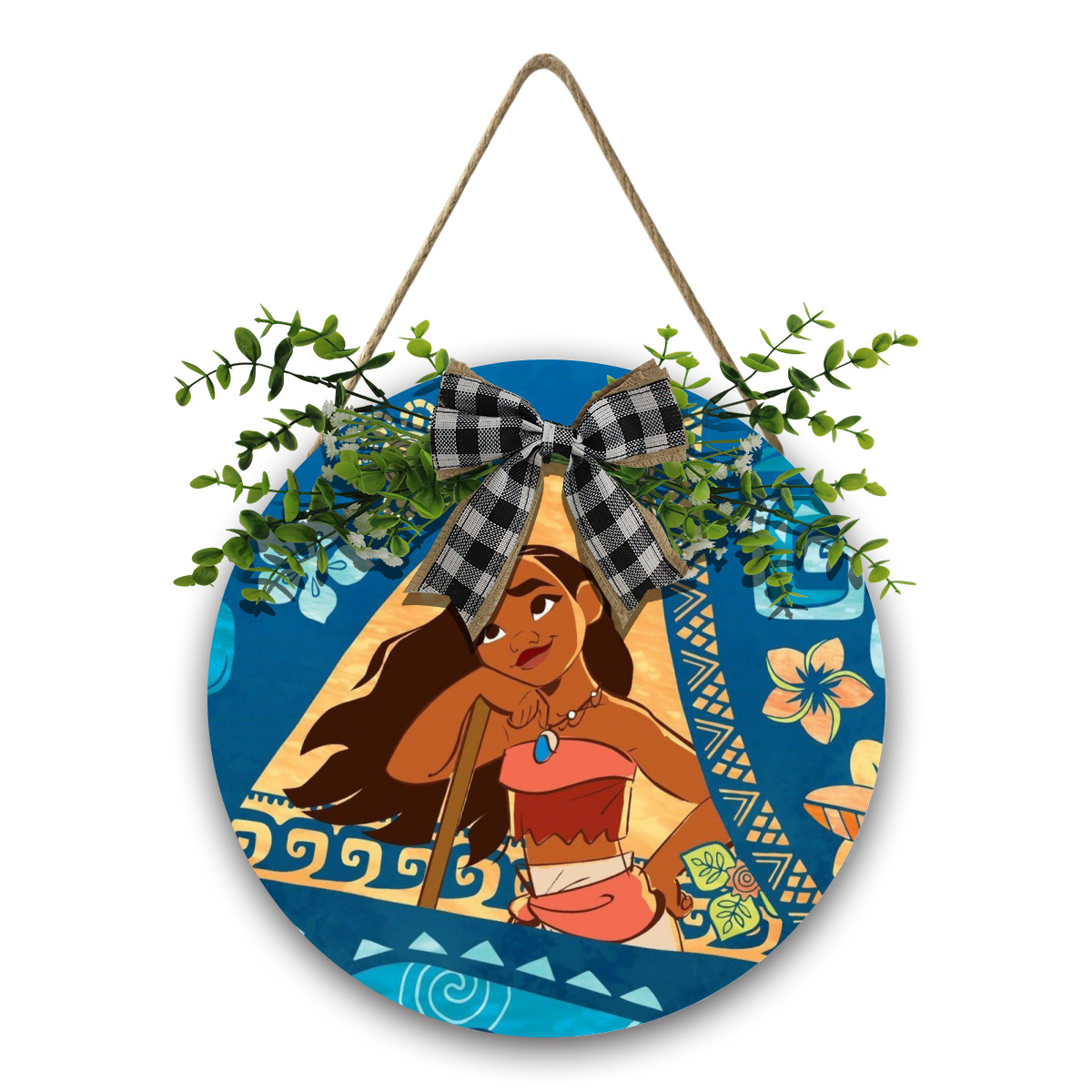Moana Round wooden hanging board with decorative flowers and wooden ...