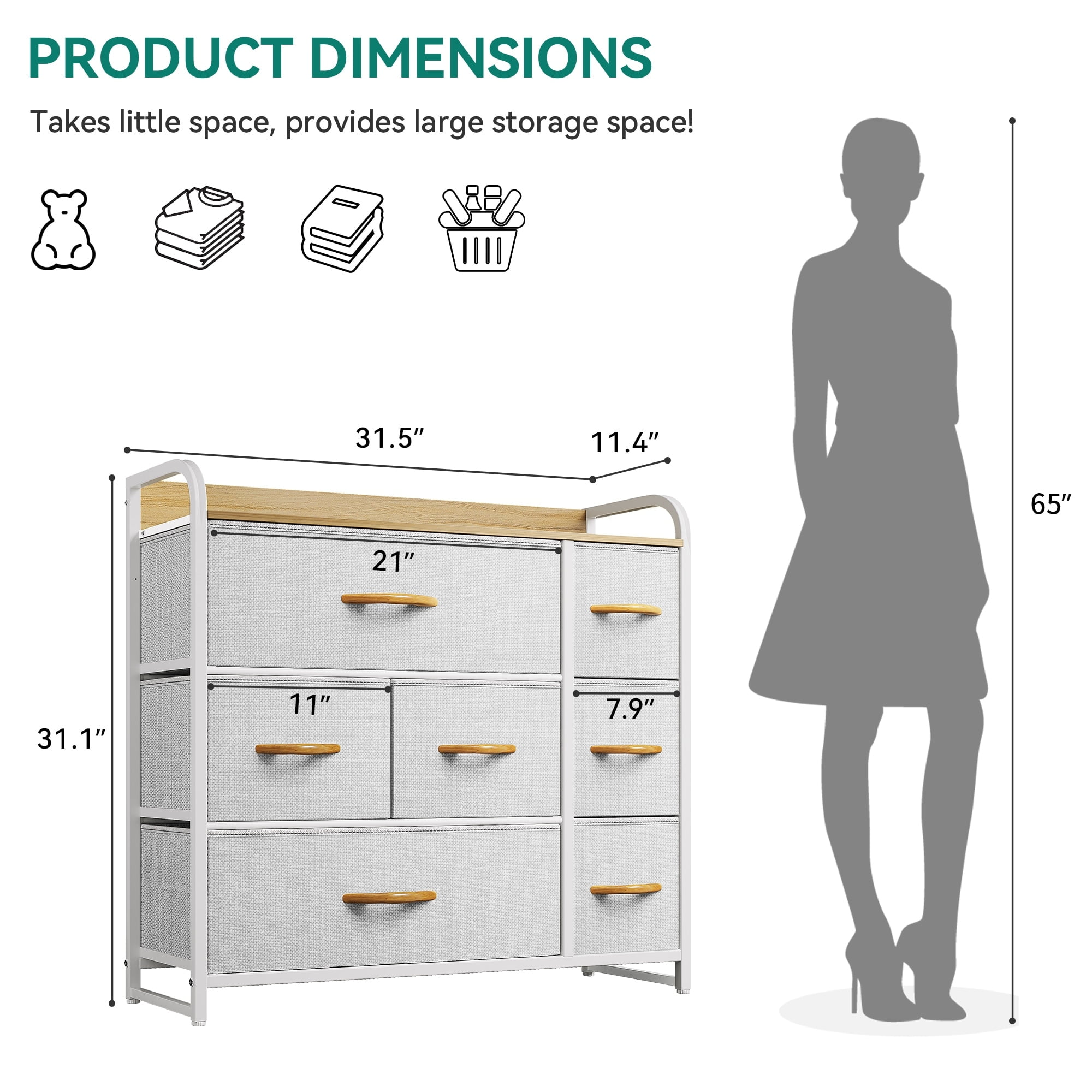 Moasis 29.7" Modern Fabric 7 Drawer Storage Chest Tower Light Grey ...
