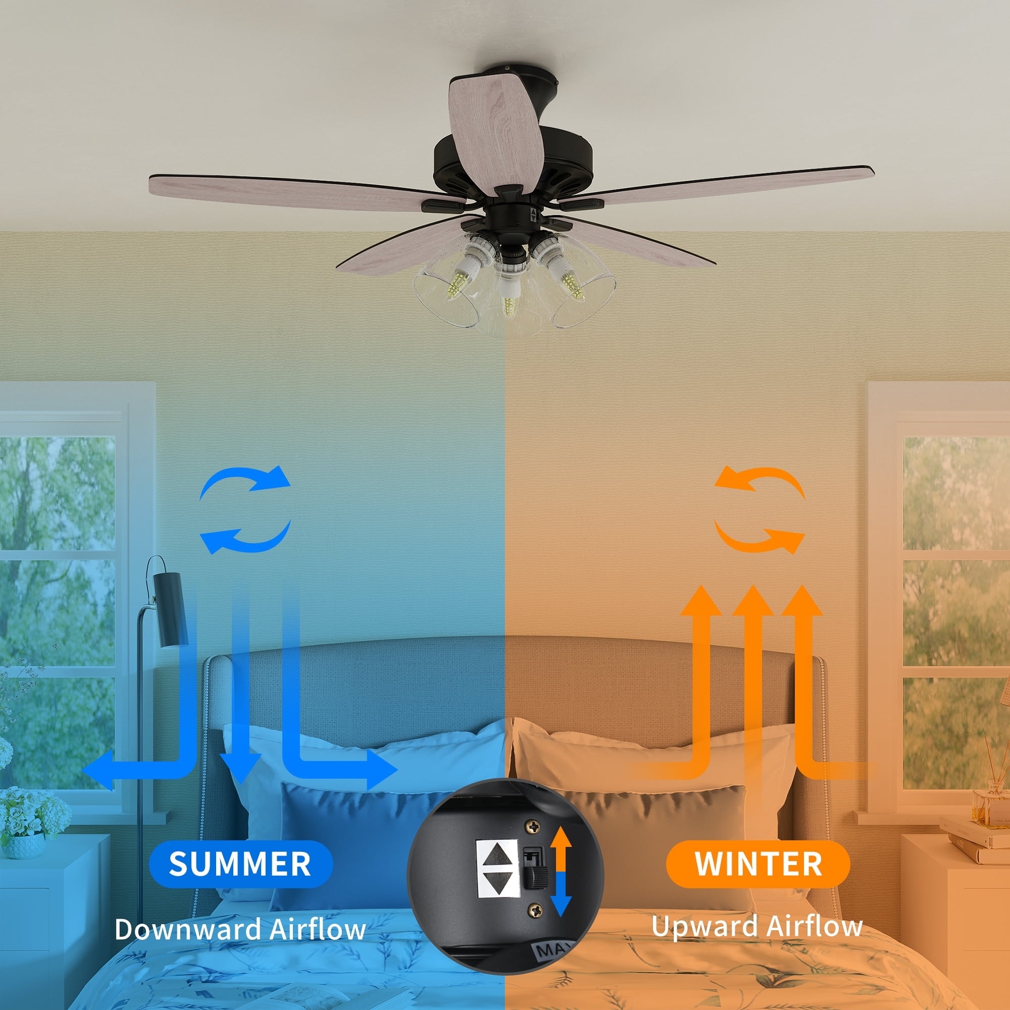 Moasis 52" Faux Wood 5-Blade Low Profile Ceiling Fan with Remote Oak ...