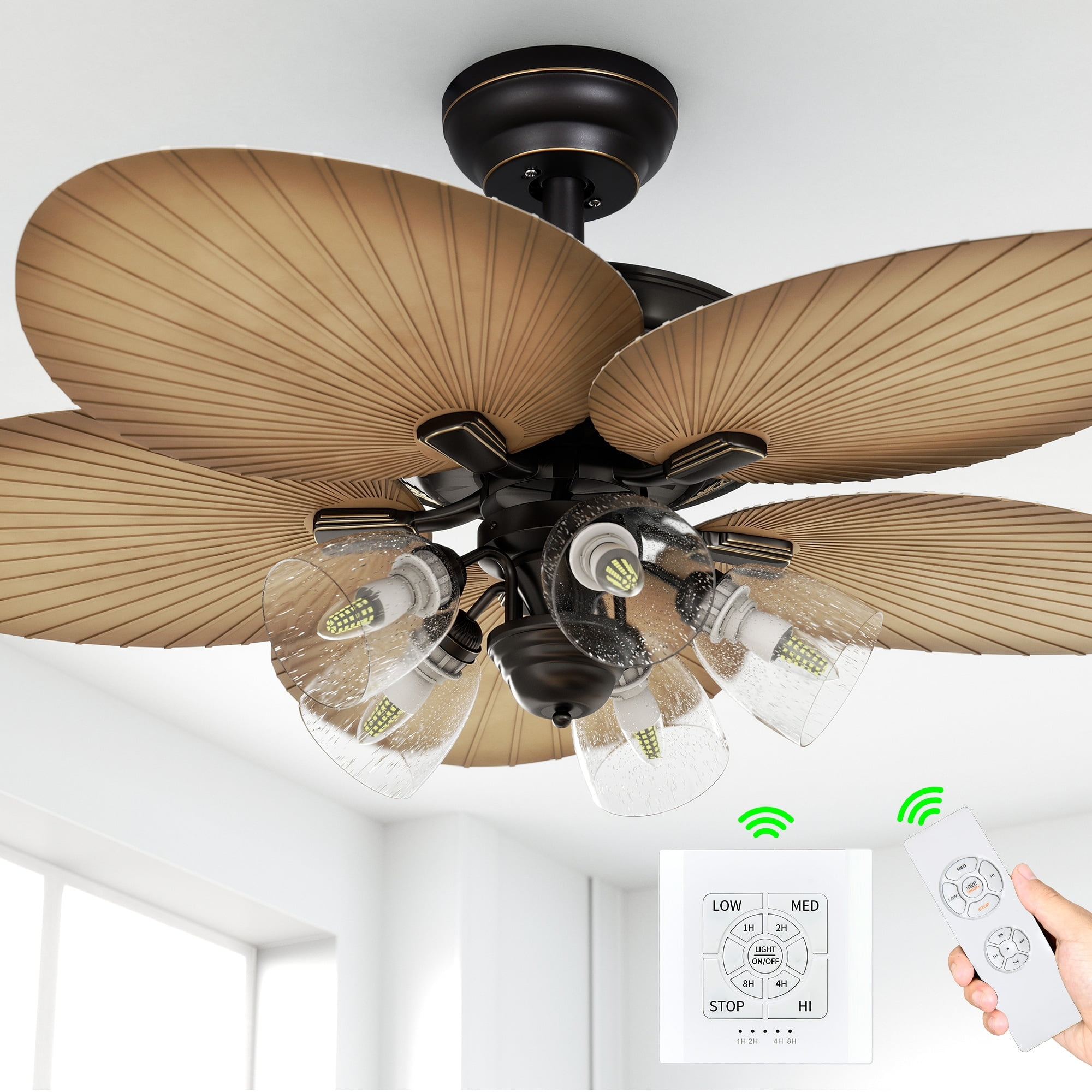 Moasis 52" Tropical Indoor/Outdoor Ceiling Fans with Remote, 5 Blades ...