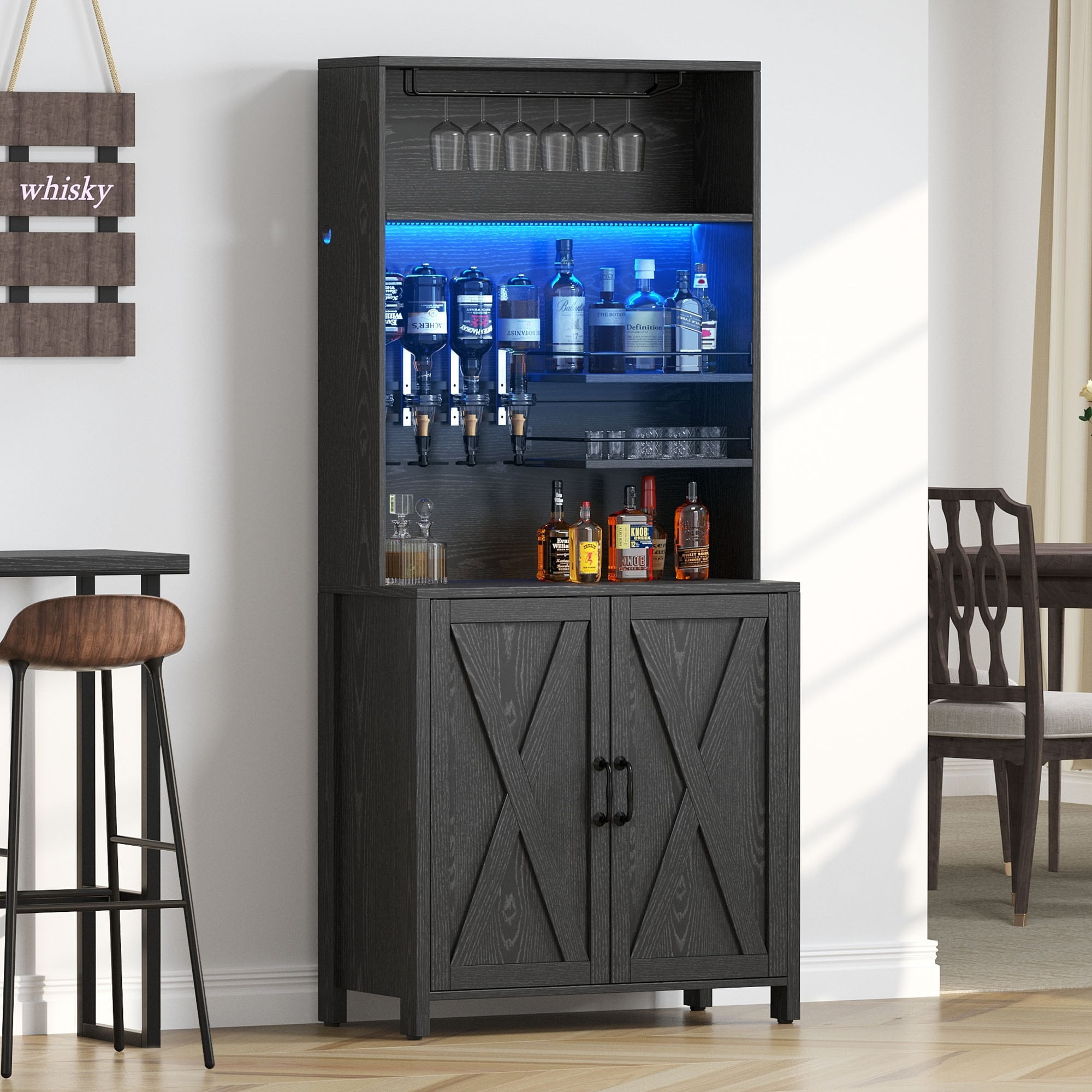 Moasis Farmhouse Bar Cabinet Wine Rack with RGB Light and Power Outlet ...