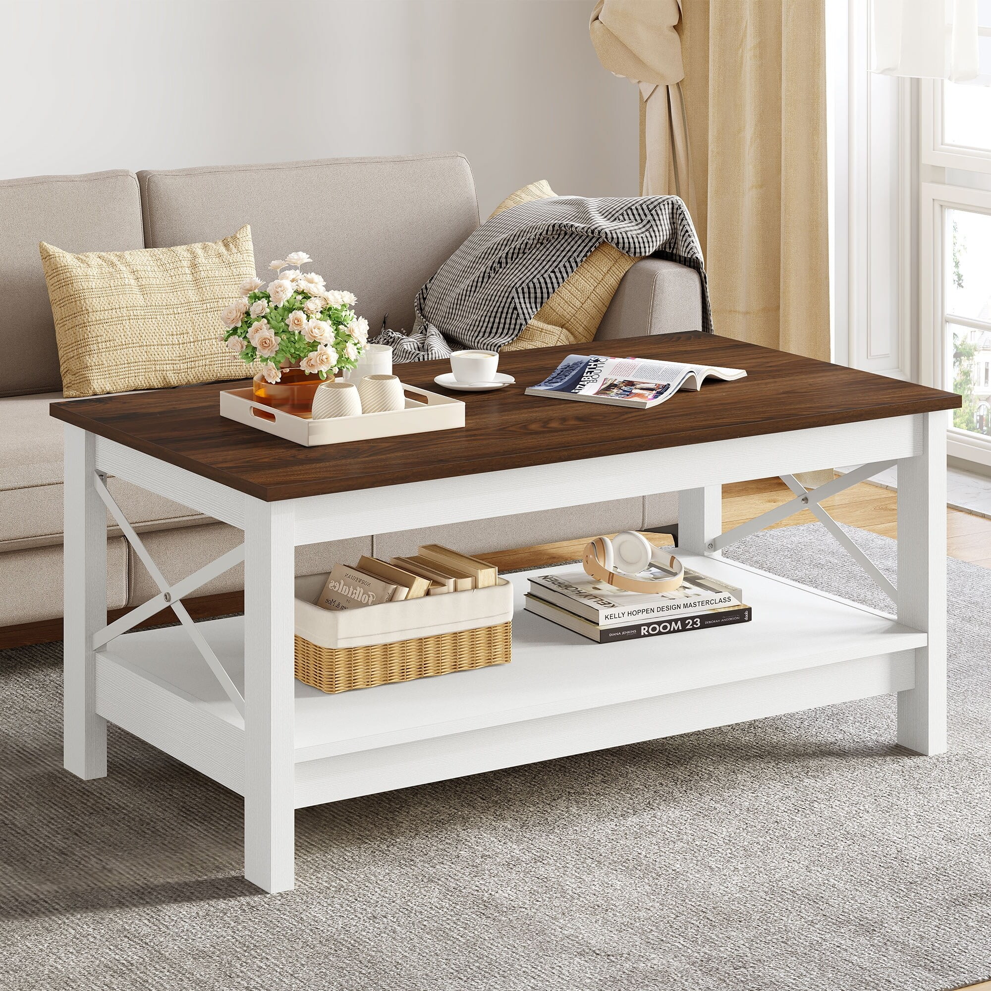 Moasis Farmhouse Coffee Table with Storage 2-Tier Center Table for ...