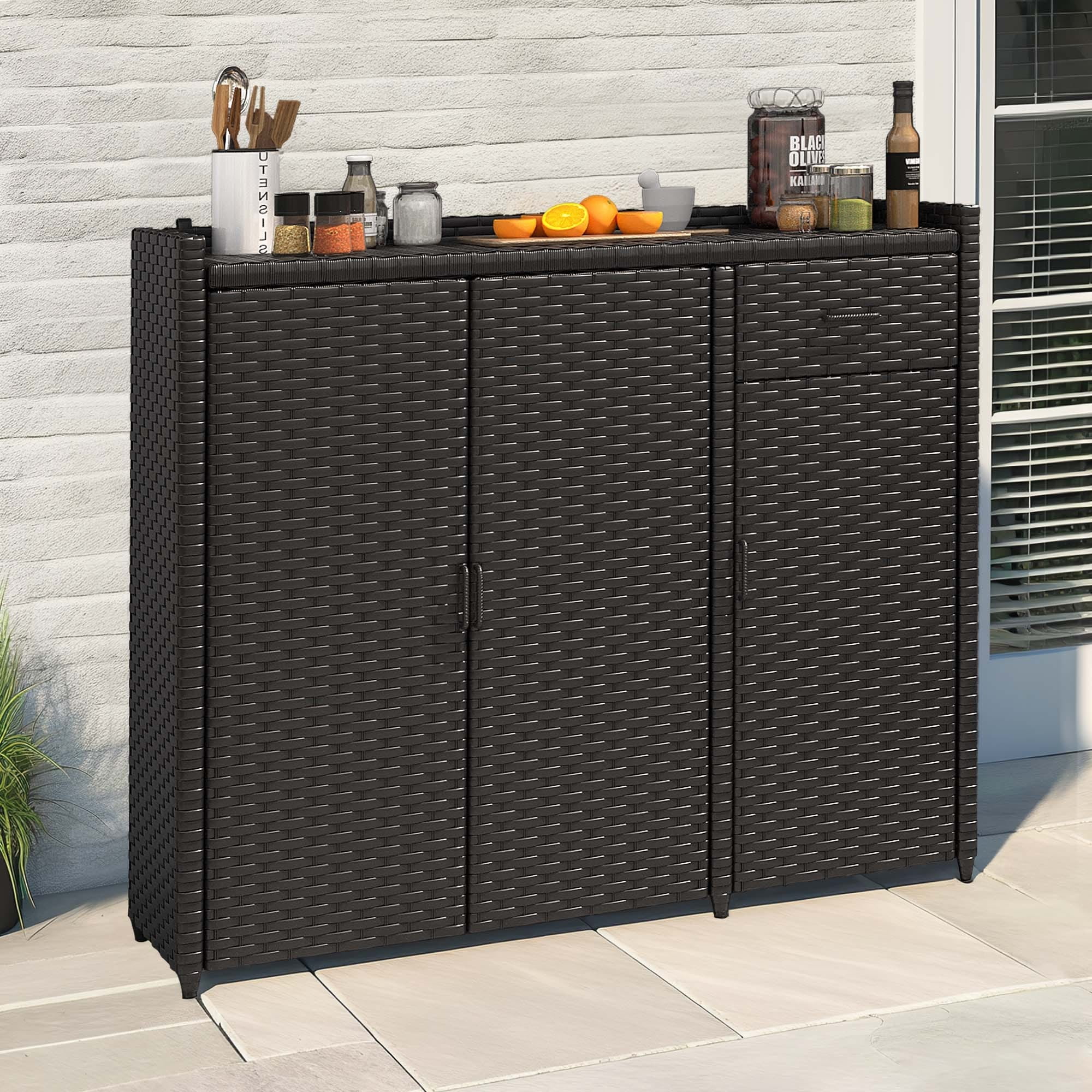 Moasis Outdoor Rattan Wicker Storage Cabinet Bar Table with 2 Doors ...