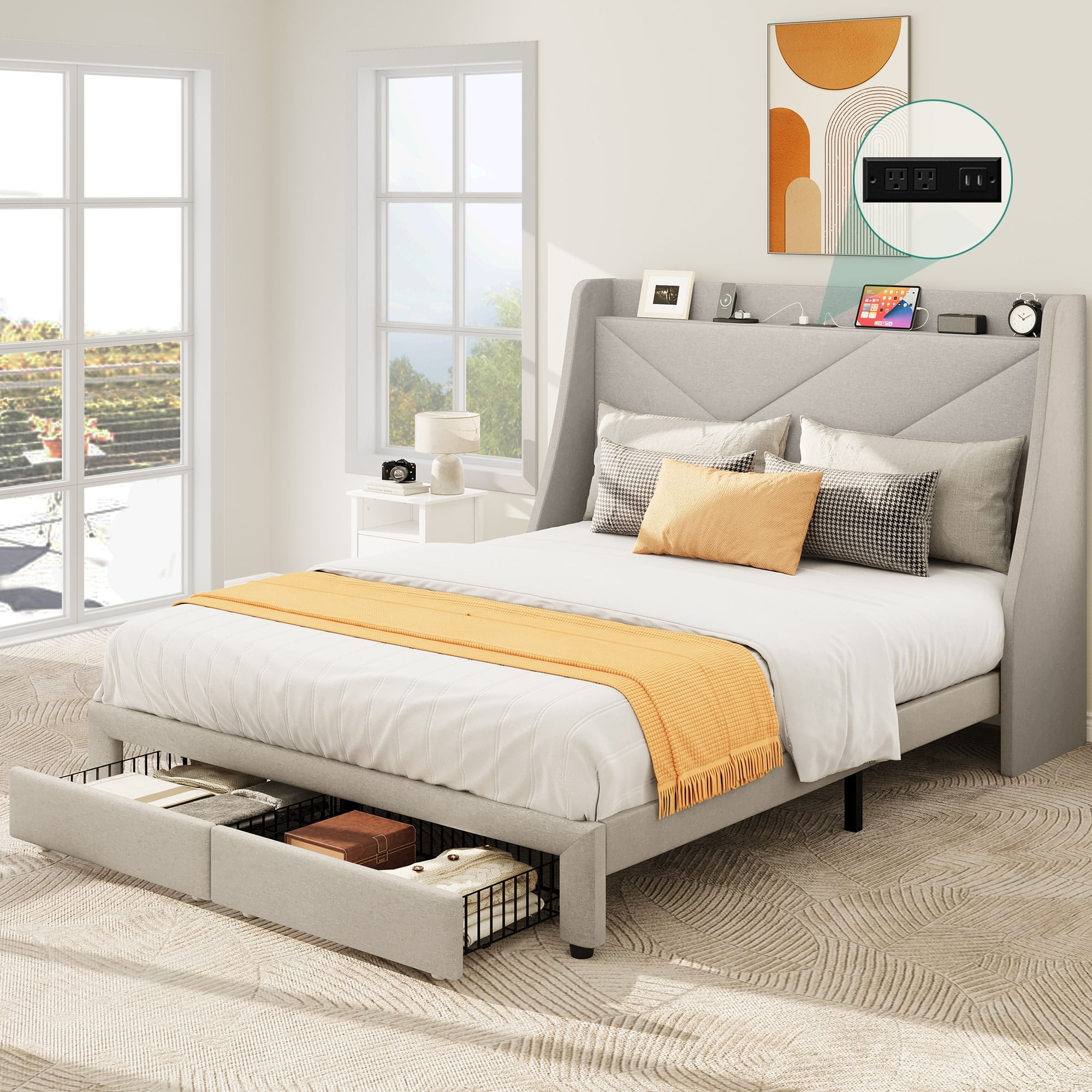 Moasis Queen Wingback Bed Frame with Drawer and USB Charging Grey ...
