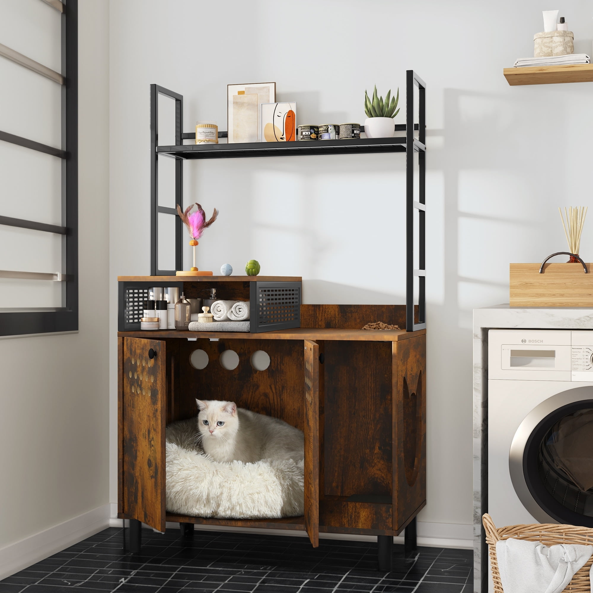 Moasis Wooden Cat Litter Box Enclosure Furniture with Shelves Brown ...